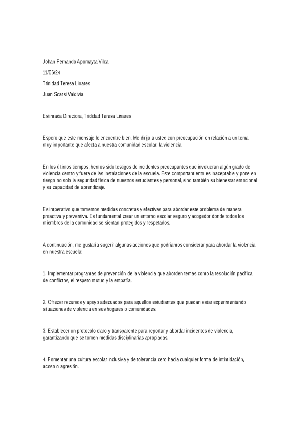 CARTA ACADÉMICA - Johan Fernando Apomayta Vilca 11/05/ Trinidad Teresa ...