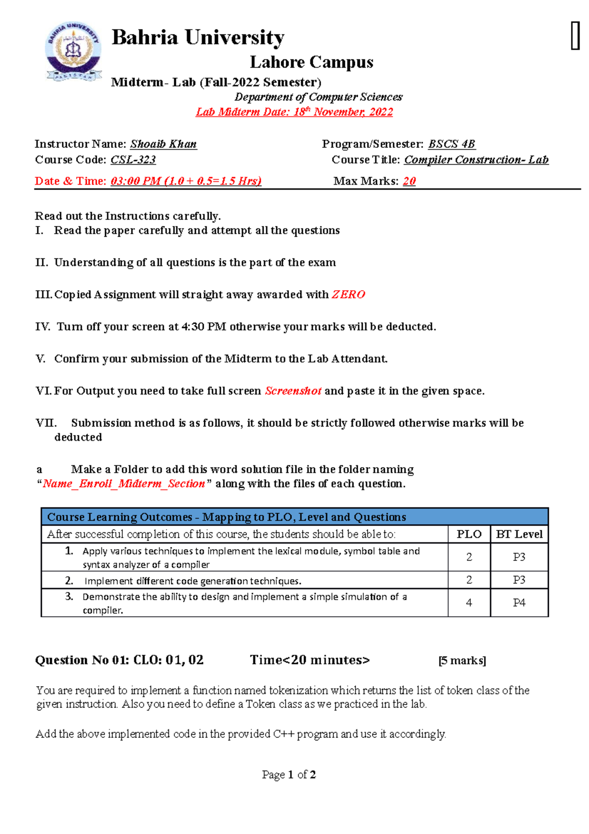 CC Lab Mid Term Fall 22-B - Bahria University Lahore Campus Midterm- Lab (Fall-2022 Semester ...