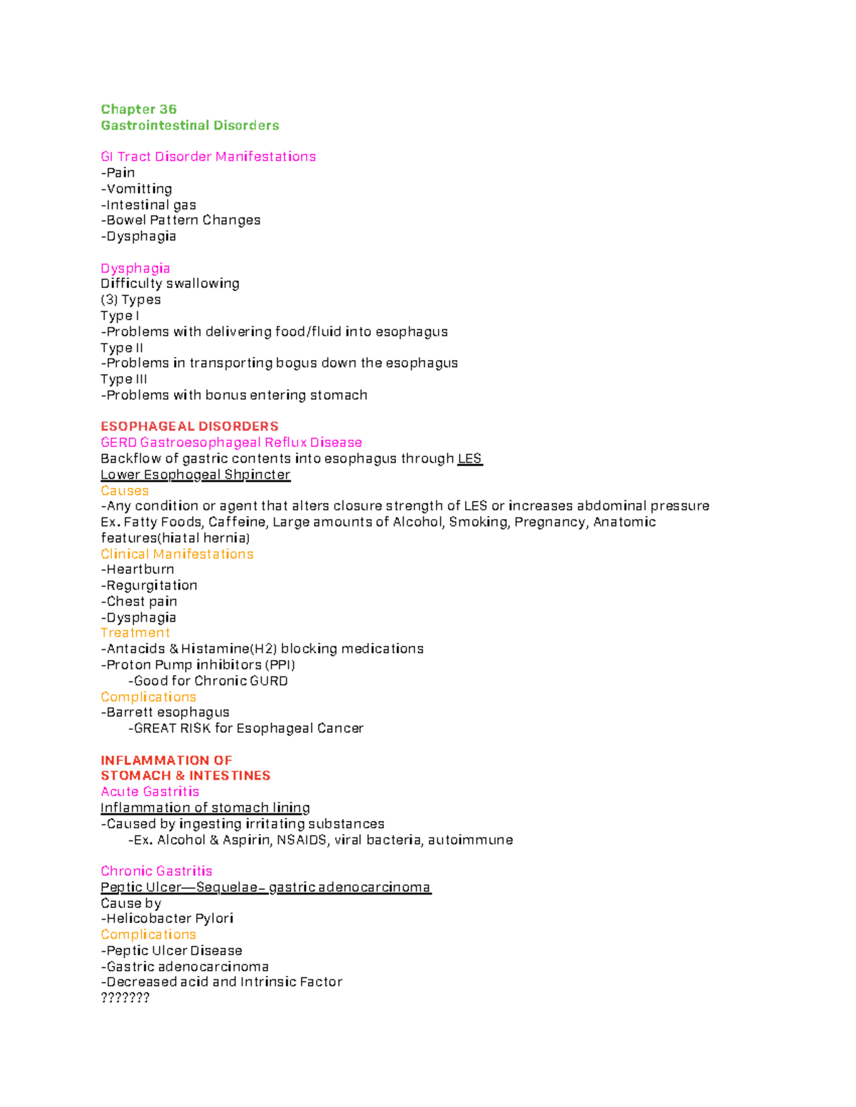 Quiz 7 Study Guide - N/A - Chapter 36 Gastrointestinal Disorders GI ...