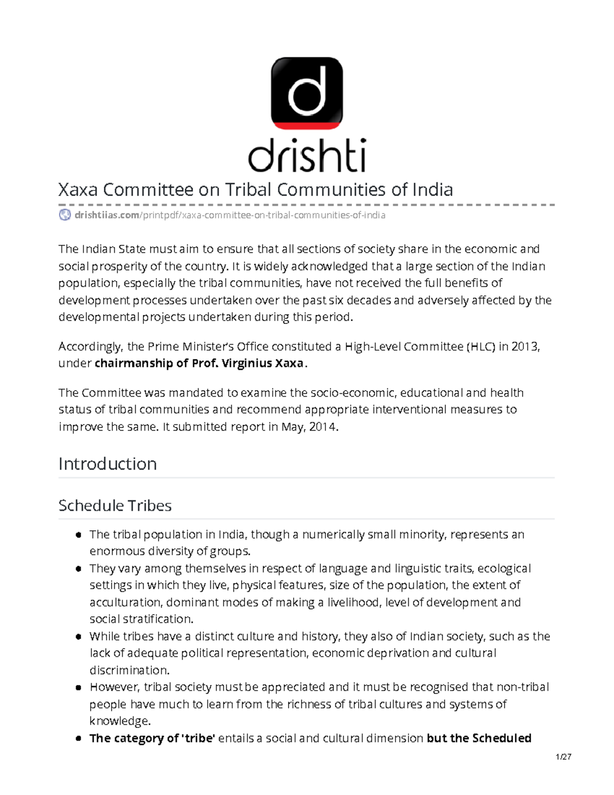 Xaxa committee on tribal communities of india - Xaxa Committee on ...