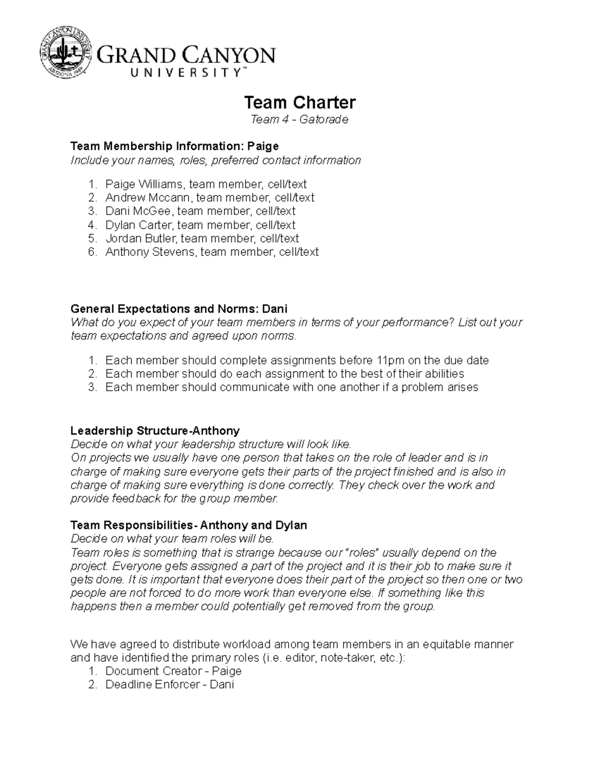 Team Charter Template - participation assignment - Team Charter Team 4 ...