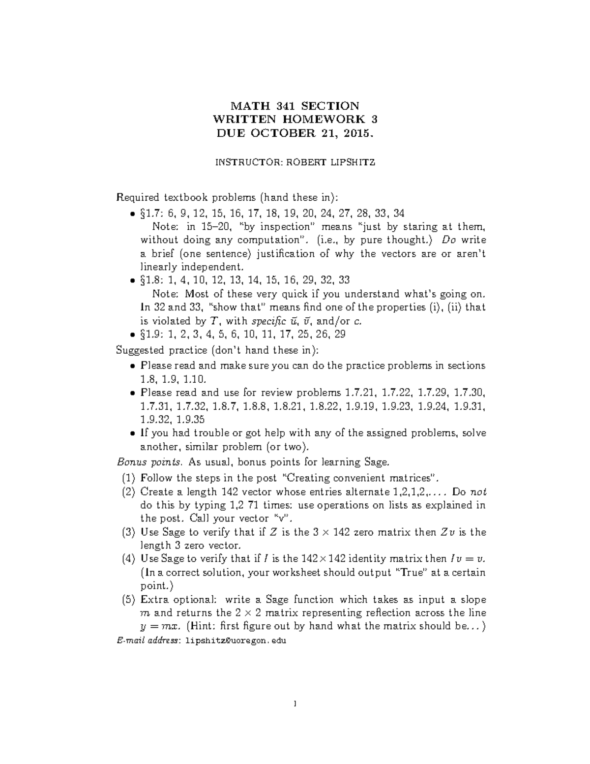 Homework assignment 3 - MATH 341 SECTION WRITTEN HOMEWORK 3 DUE OCTOBER ...