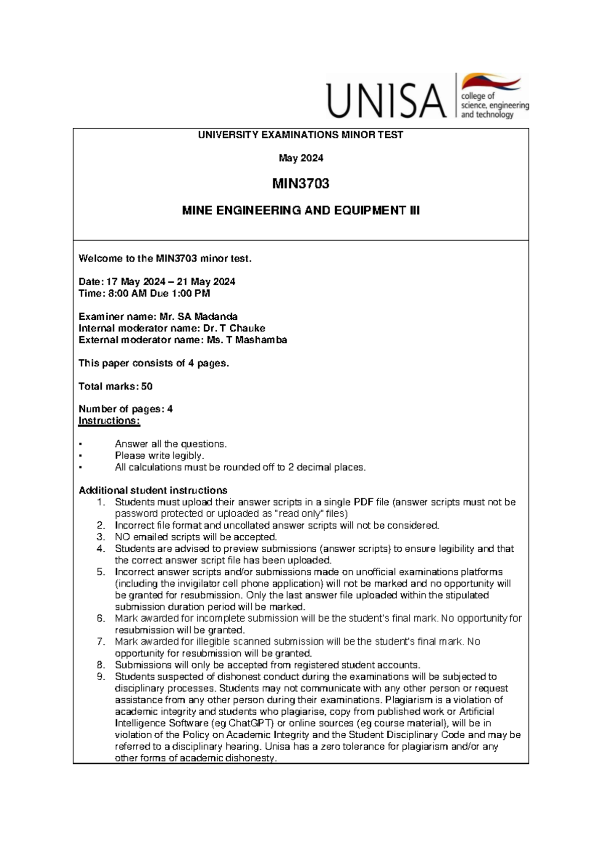 MIN3703 Minor Test 1 - Assessment 1 - UNIVERSITY EXAMINATIONS MINOR ...