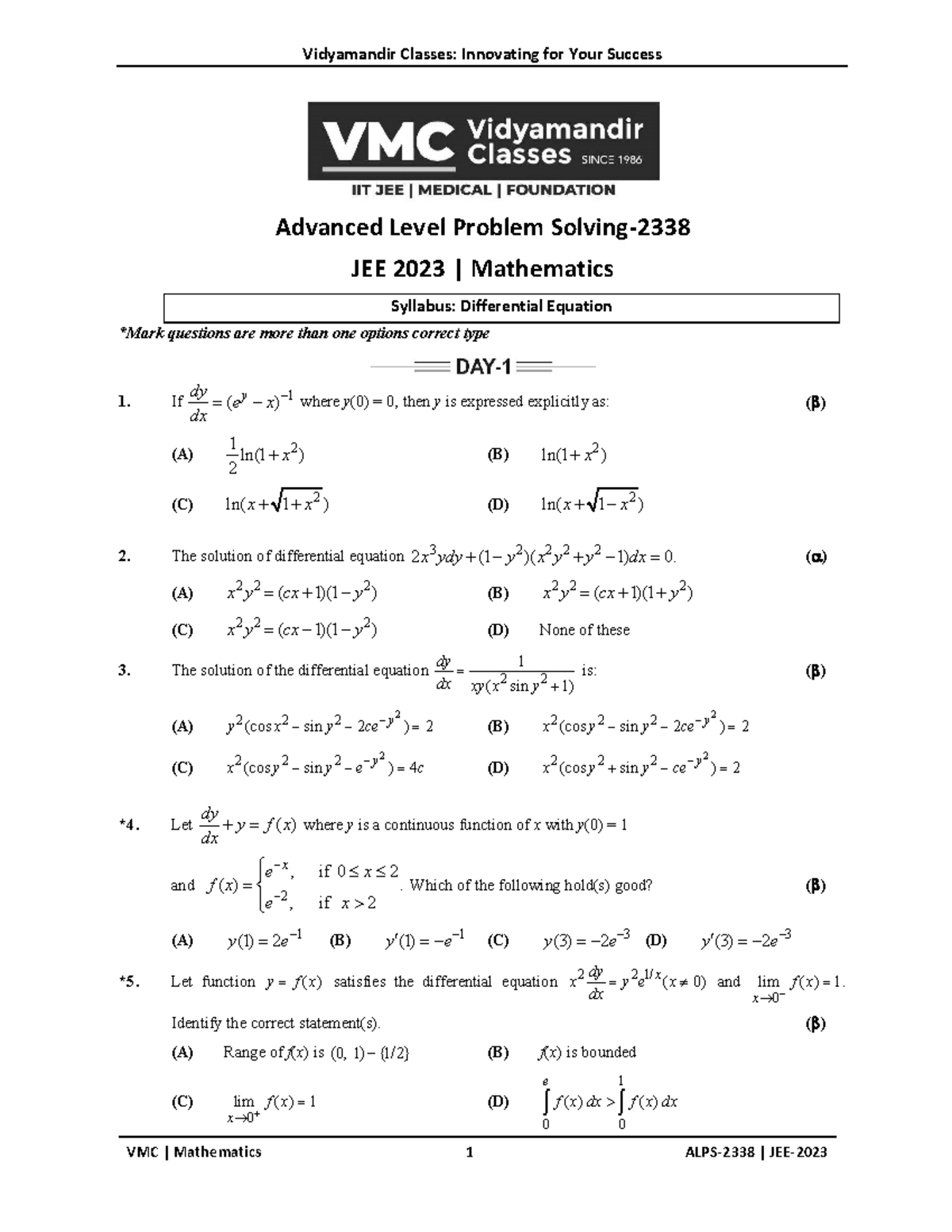 ALPS 2338 Maths Assignment Paper - Advanced Level Problem Solving- 2338 JEE 2023 | Mathematics ...