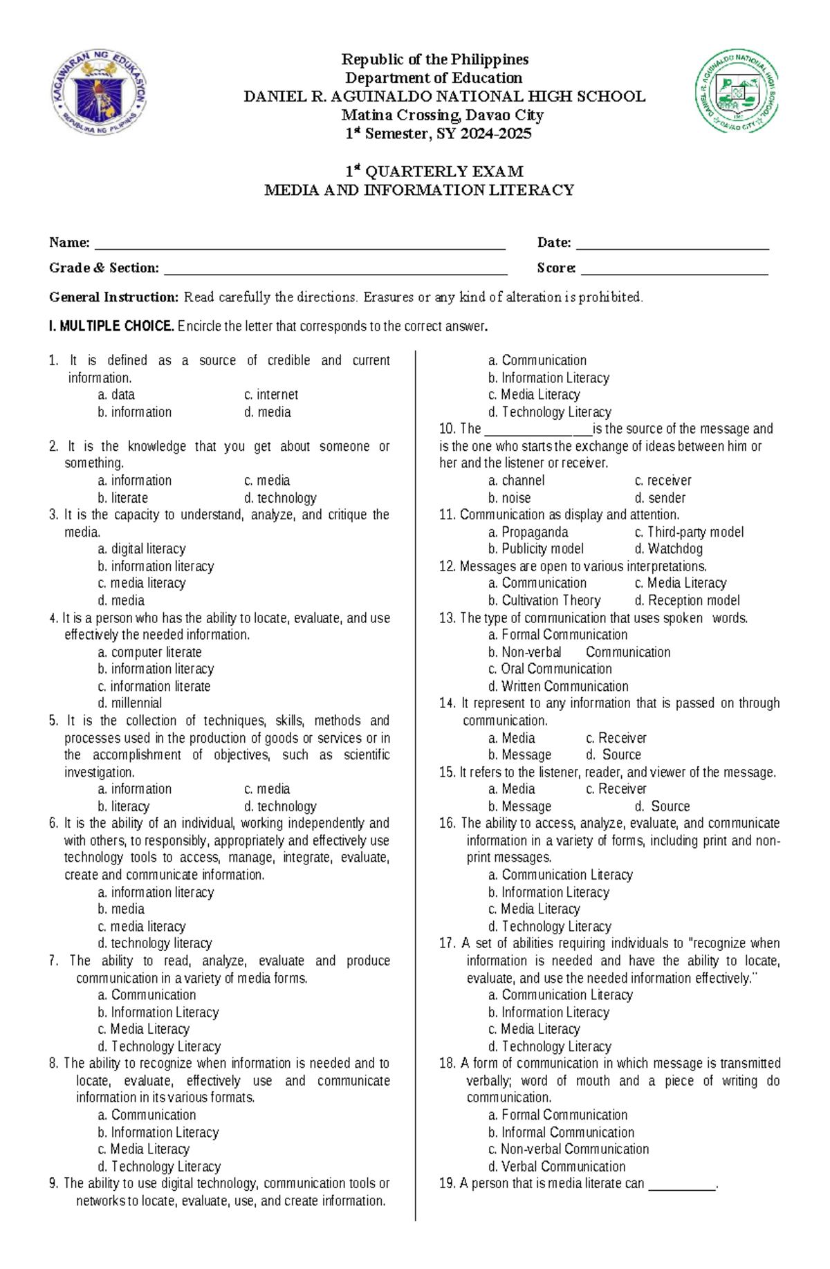 1ST Quarterly EXAM - MIL - Republic of the Philippines Department of Education DANIEL R ...