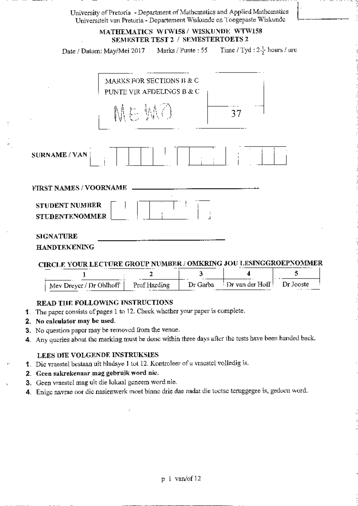 Memo WTW158 sem test 2 2017 - WTW 158 - Studocu