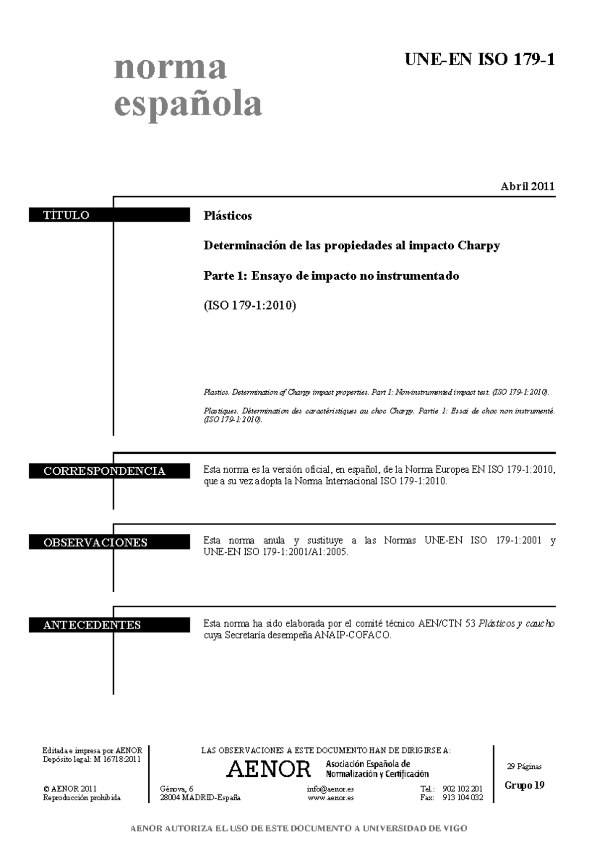 Charpy plasticos UNE-EN ISO 179-1=2011 - norma espaÒol TÕTULO Pl·sti ...