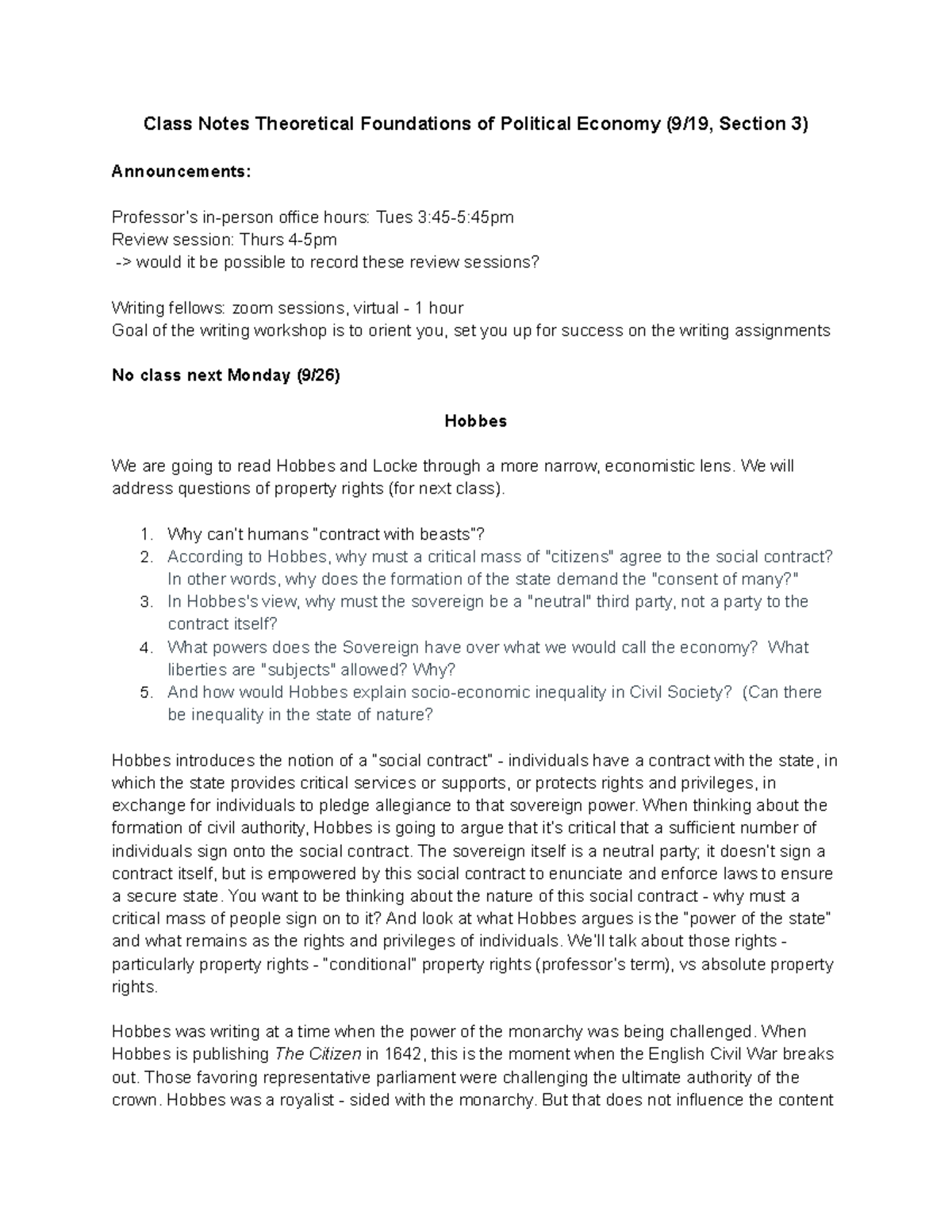 Tfpe Lecture 4 Notes Hobbes Class Notes Theoretical Foundations Of Political Economy 9 19