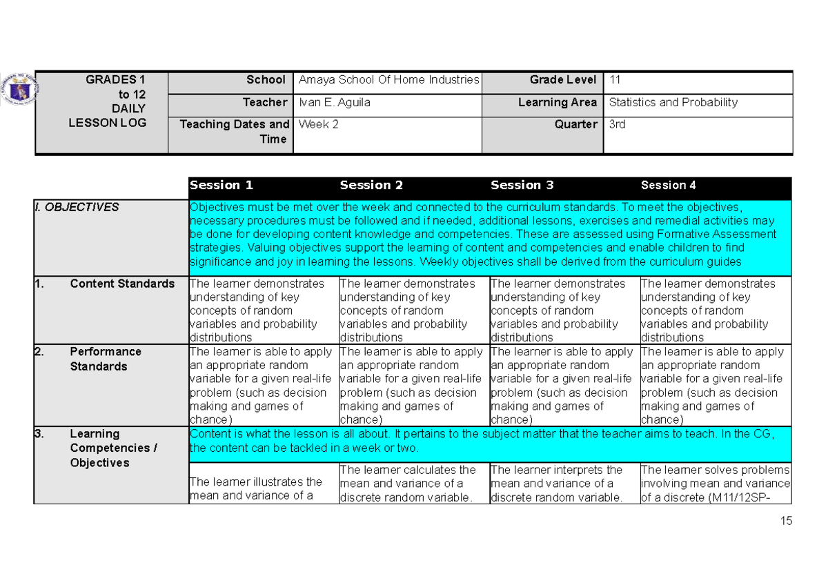 Lesson Plan in Statistics WEEK 2 - GRADES 1 to 12 DAILY LESSON LOG ...
