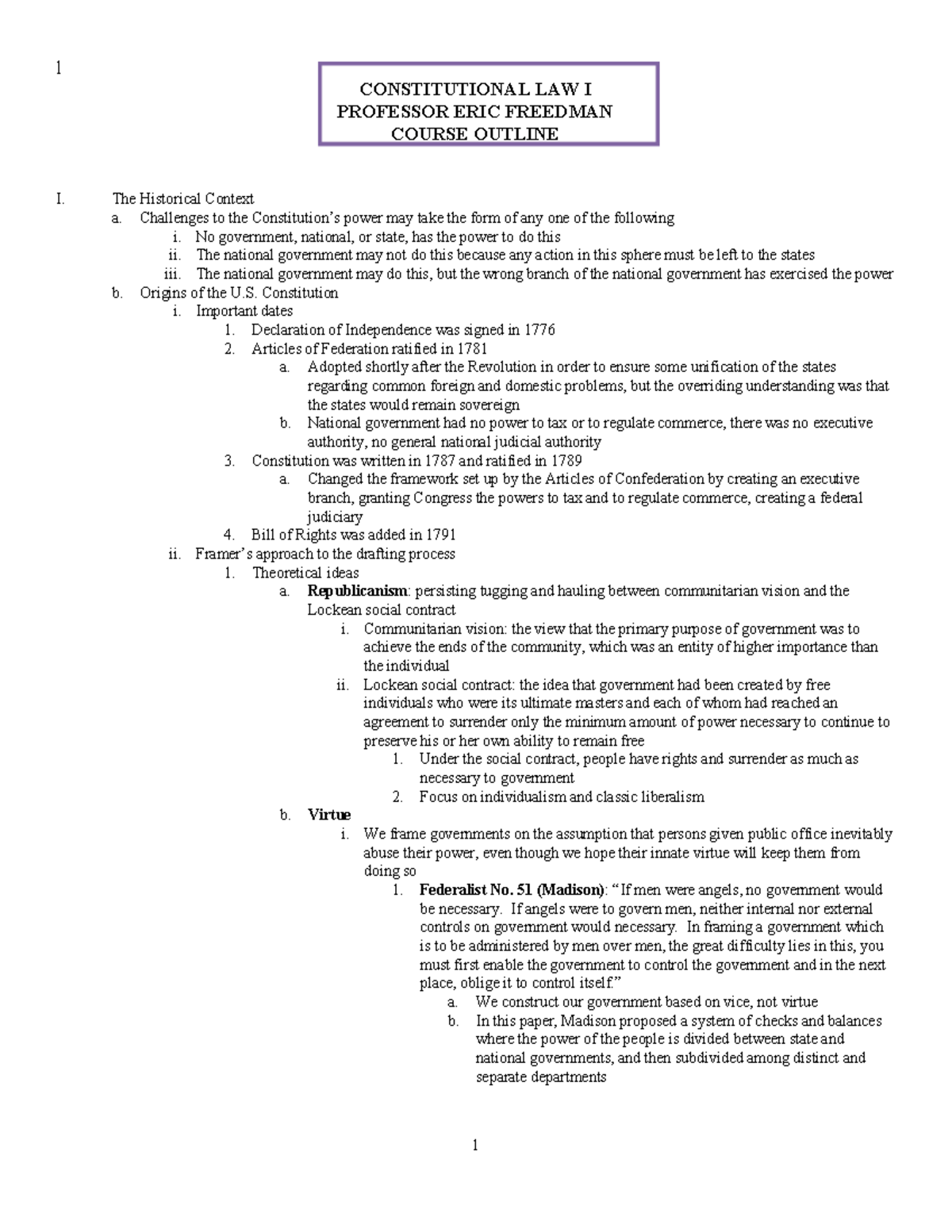 Course Outline - l CONSTITUTIONAL LAW I PROFESSOR ERIC FREEDMAN COURSE ...