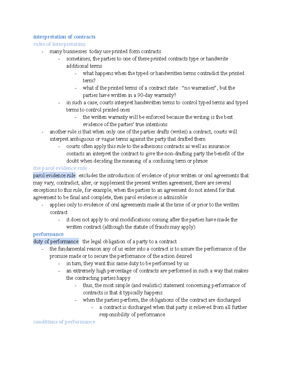 Bus. law ch. 9 - mcgraw hill notes - interpretation of contracts rules ...