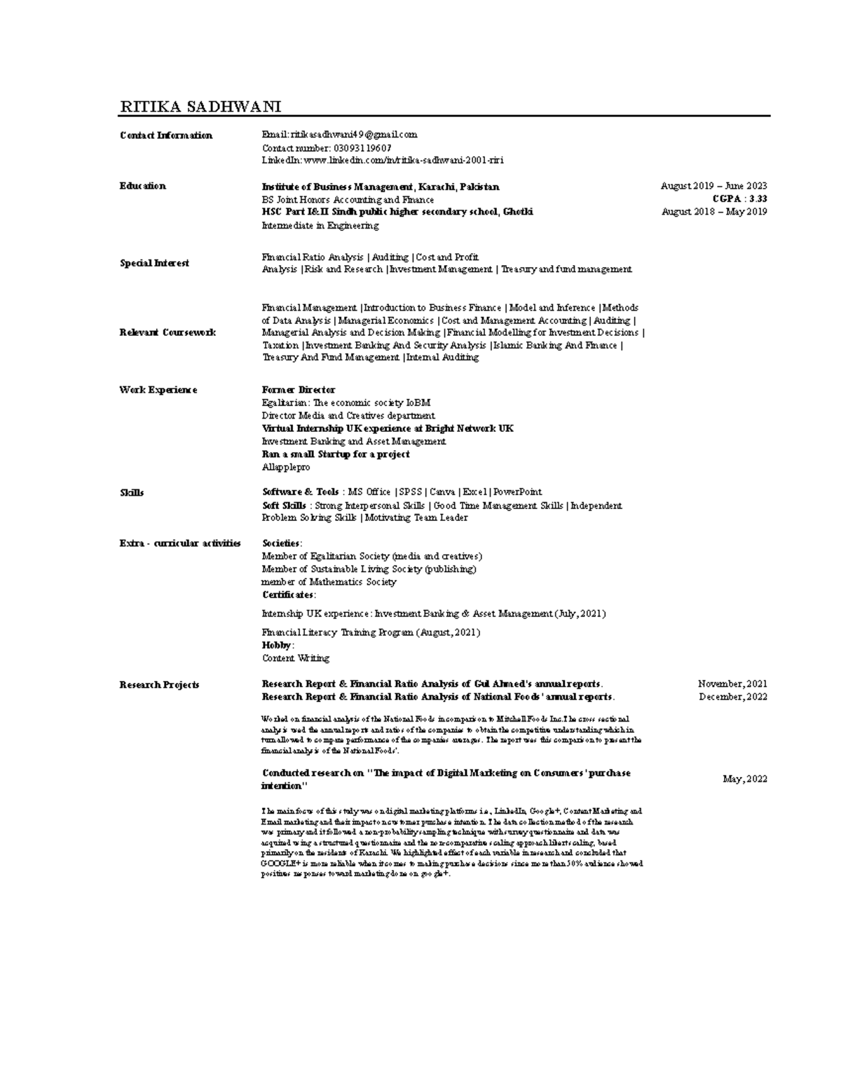 - Ritika Sadhwani Resume - RITIKA SADHWANI Contact Information Email ...