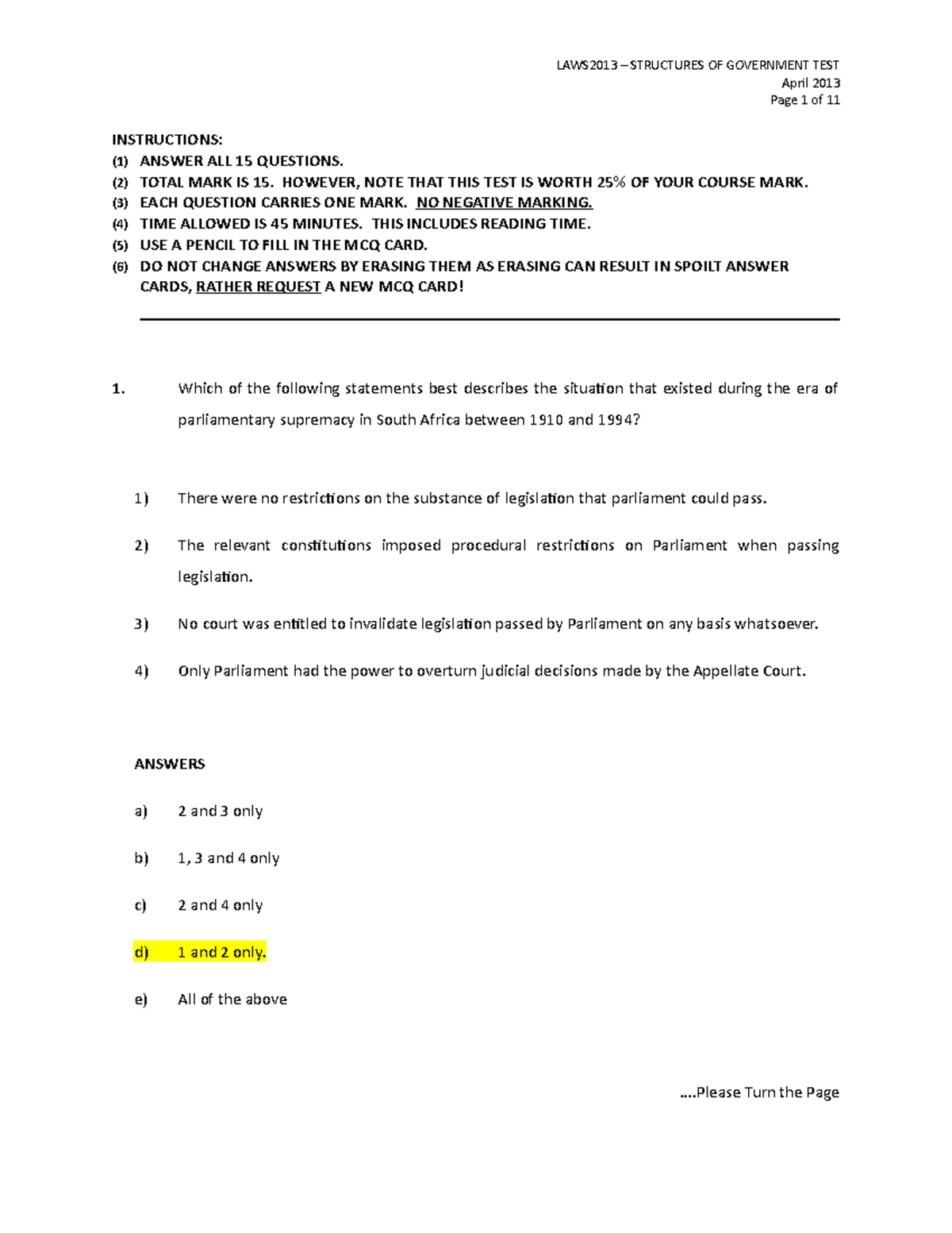 Mcq Practice Questions 2019 To Sakai With Answers April 2013 Page 1 Of 11 Instructions 1
