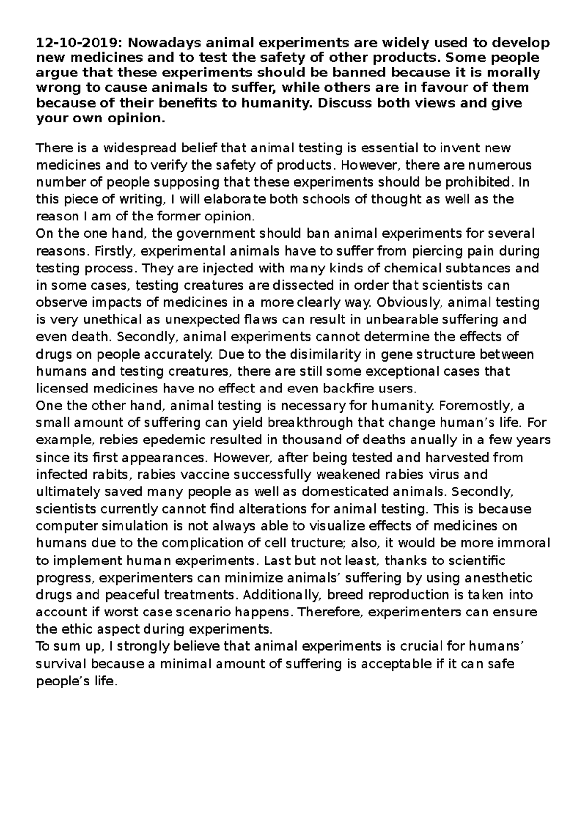 Animal testing - practice material - 12-10-2019: Nowadays animal ...