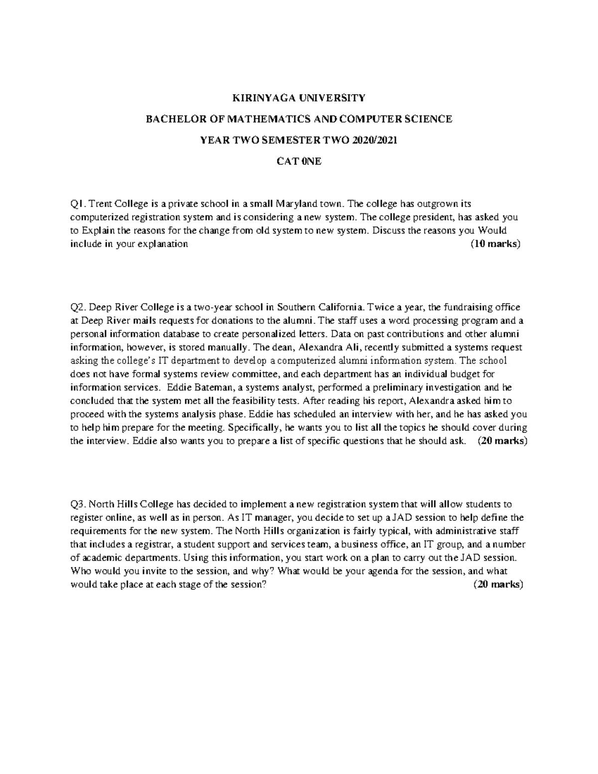 BMC SAD CAT 1 software analysis and design - KIRINYAGA UNIVERSITY BACHELOR OF MATHEMATICS AND ...