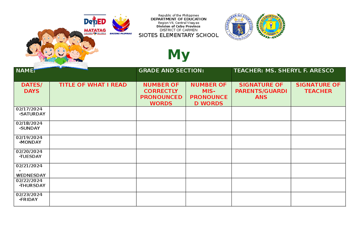 Daily Reading LOG - dfggfds - Republic of the Philippines DEPARTMENT OF ...