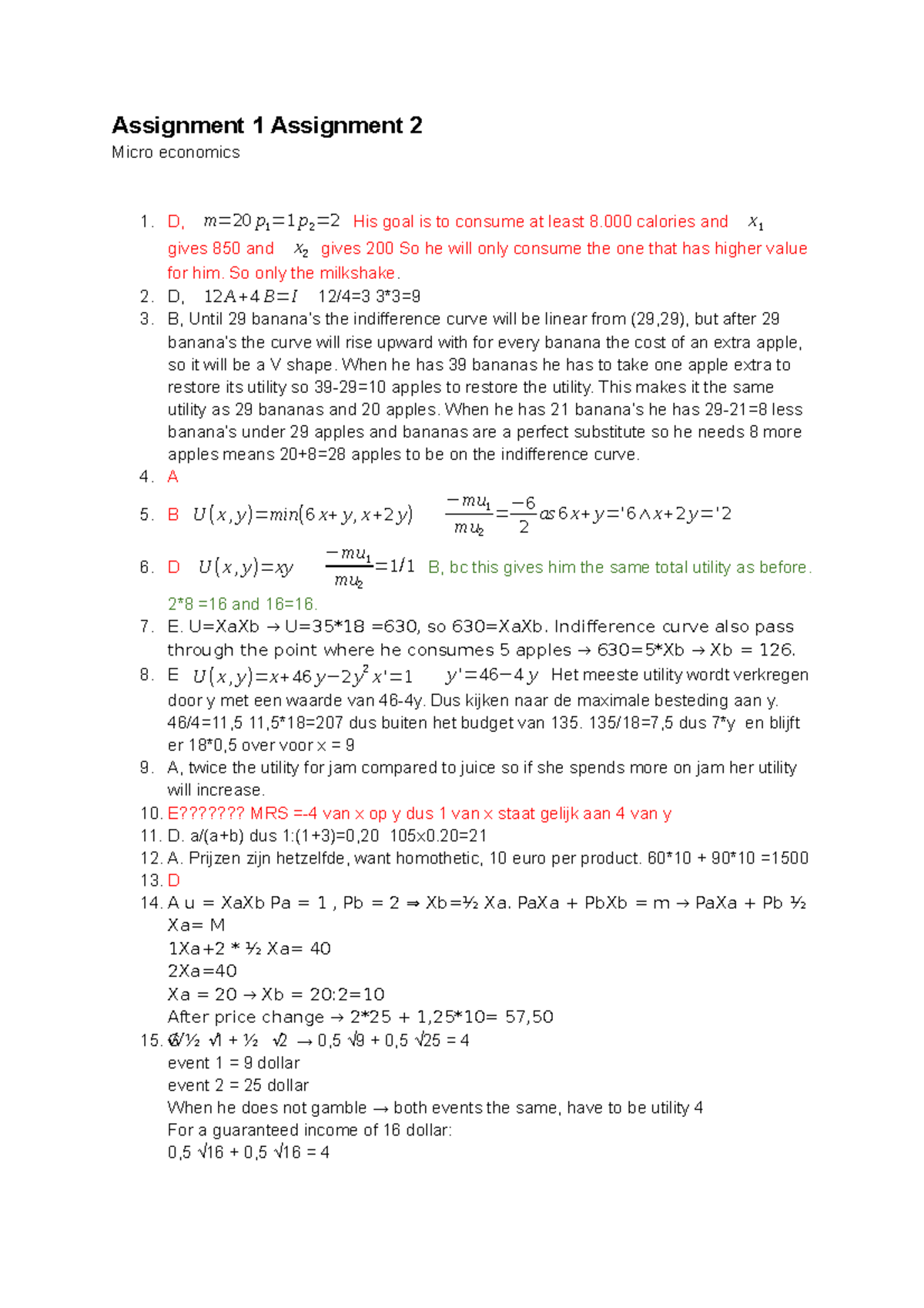 Assignments 1 en 2 intermidiate Microeconomics - Assignment 1 ...