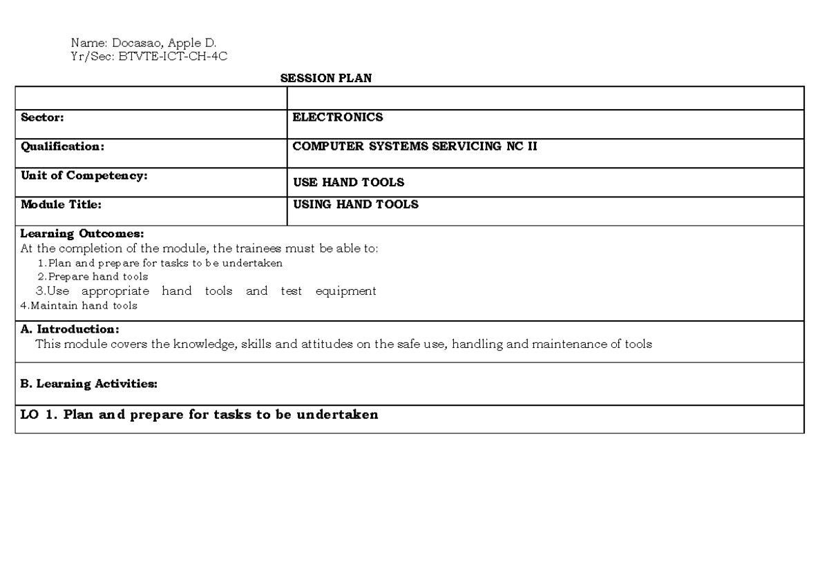 Tools and equipment for CSS assessment - Name: Docasao, Apple D. Yr/Sec ...