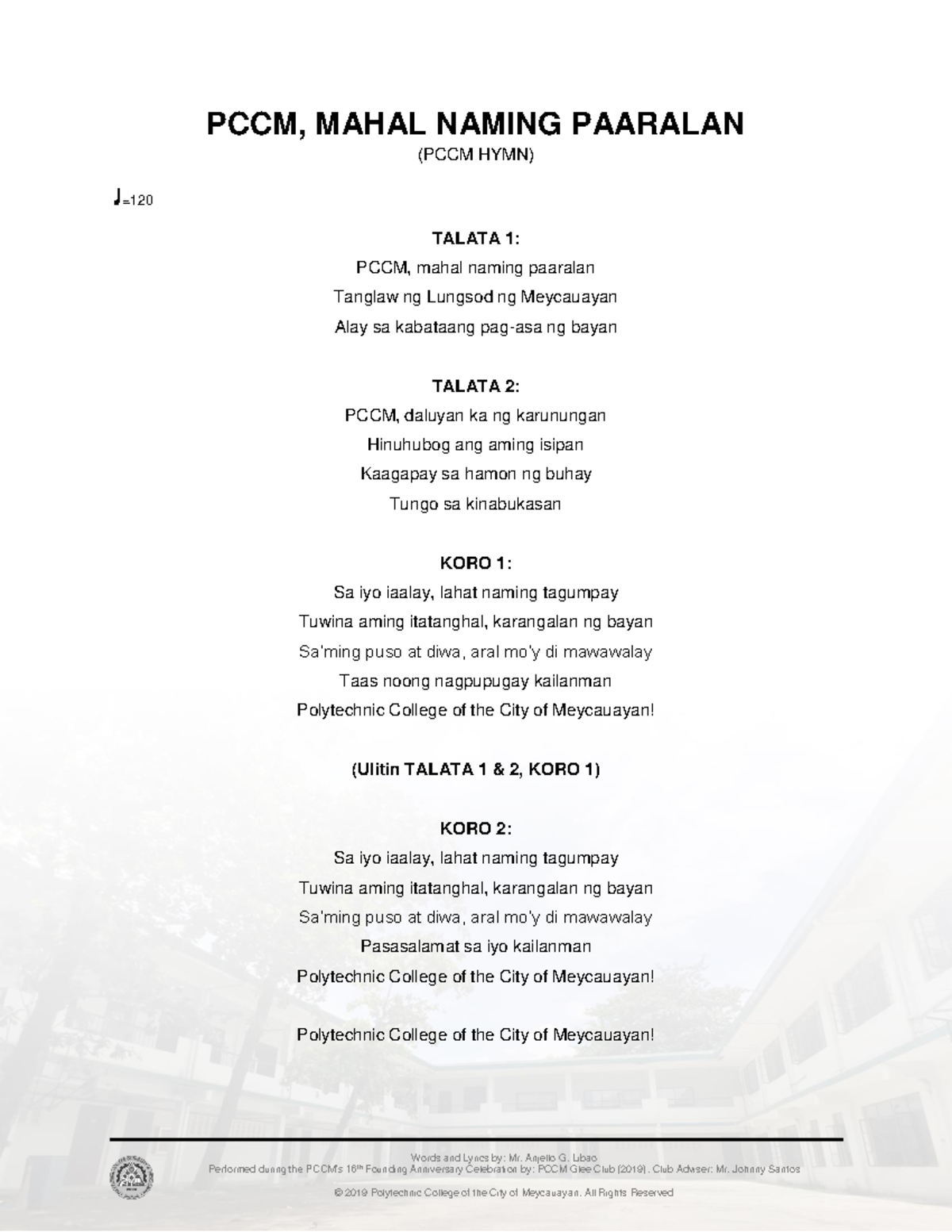 PCCM-HYMN Lyrics - asdzxc - Performed during the PCCM’s 16th Founding ...