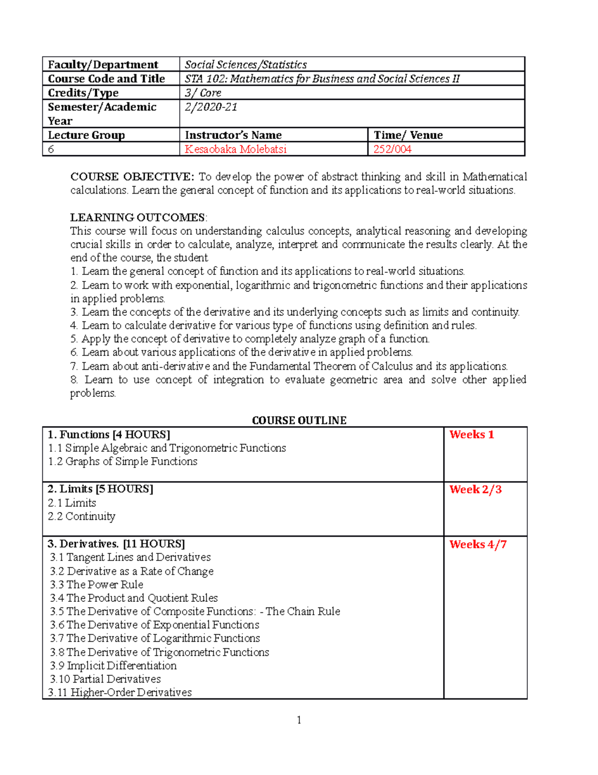 STA 102-Course outline 2021.covers course content - Faculty/Department ...