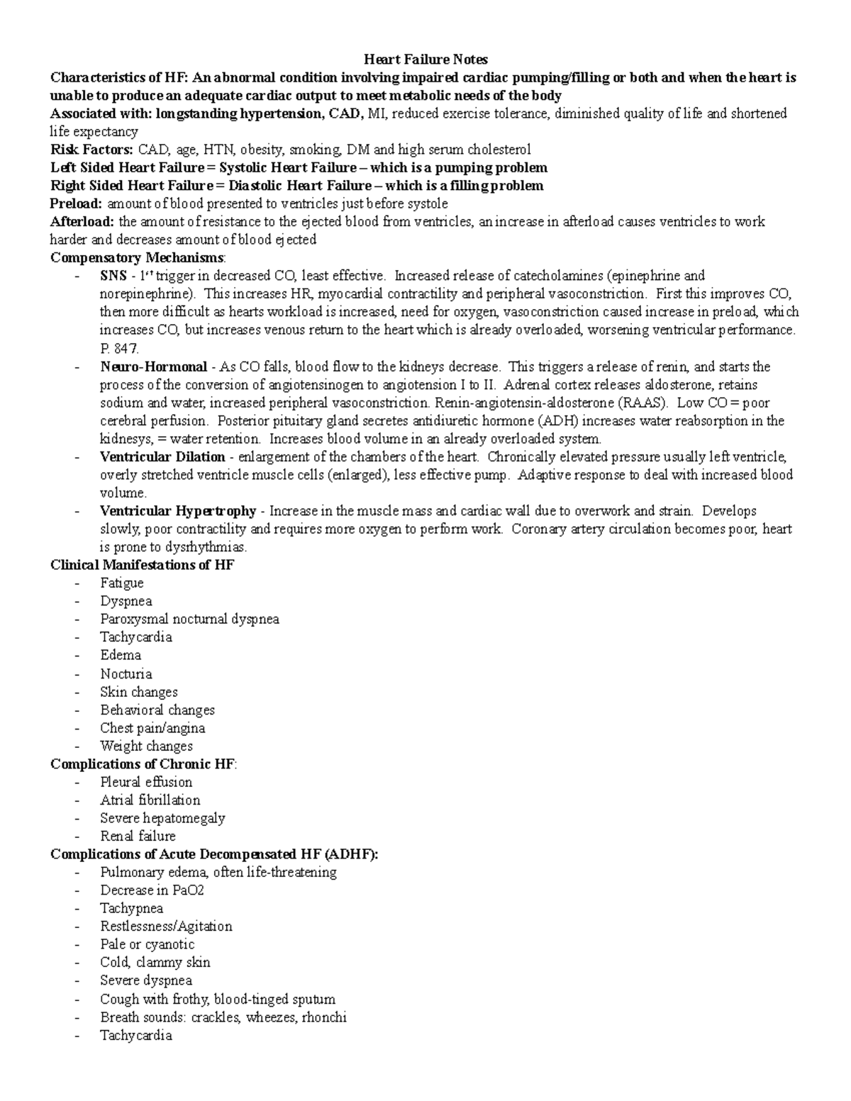 Heart Failure Notes - Heart Failure Notes Characteristics of HF: An ...