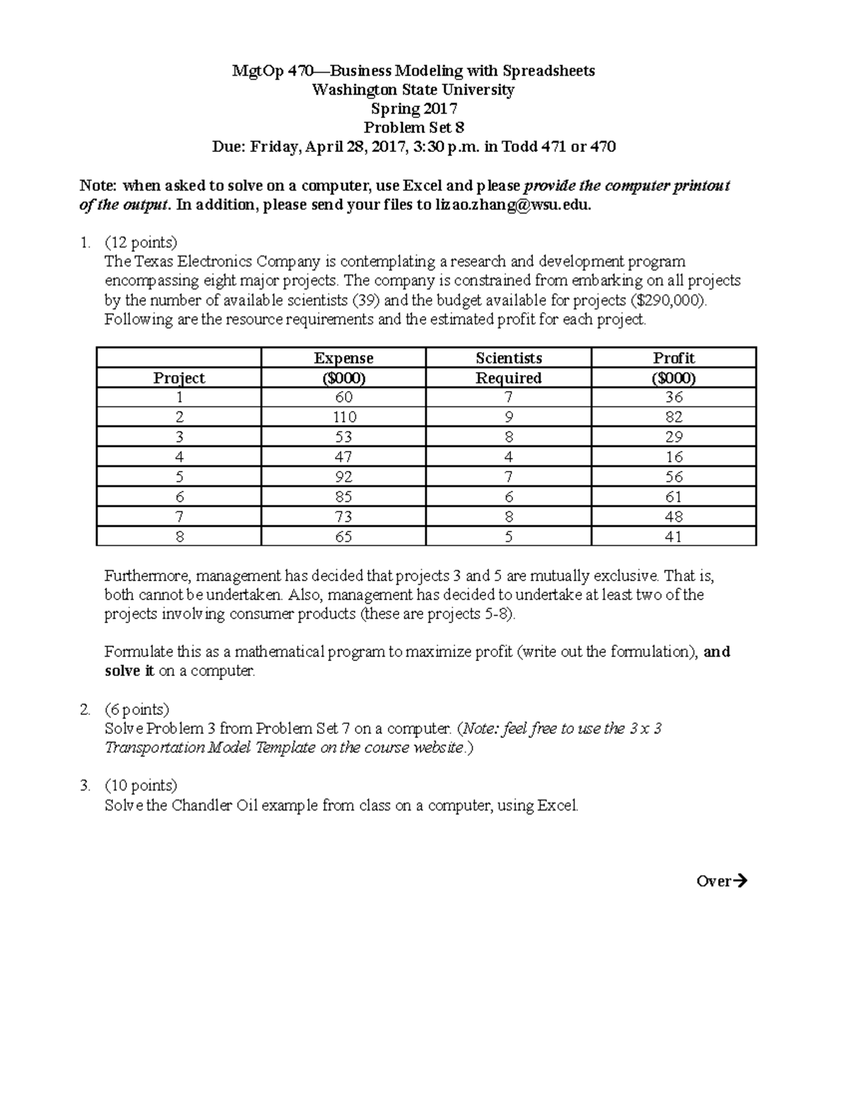 Assignments - Problem Set 8 - MgtOp 470—Business Modeling with Spreadsheets Washington State ...