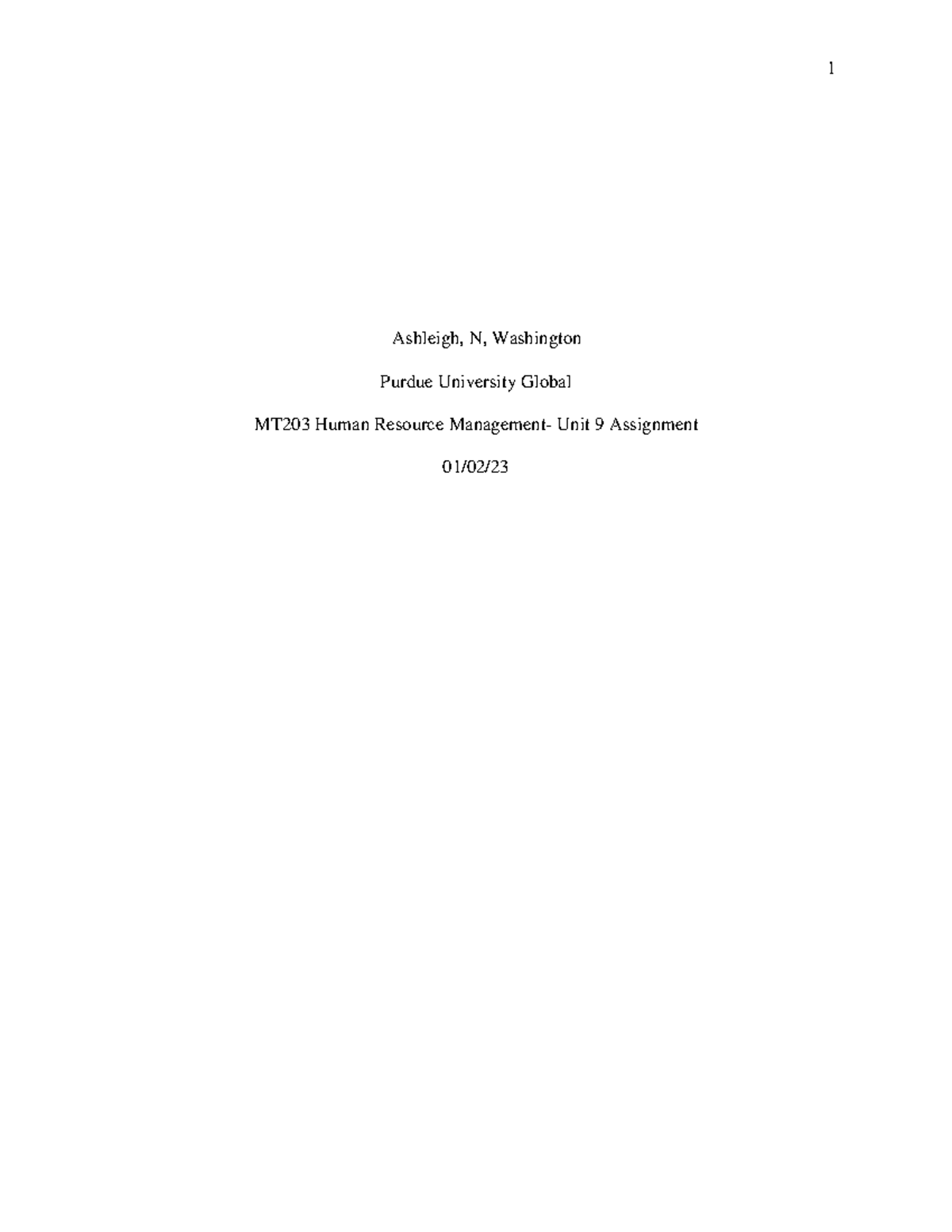 MT230 unit 9 assignment - Unit 9 Assignment - Ashleigh, N, Washington Purdue University Global ...