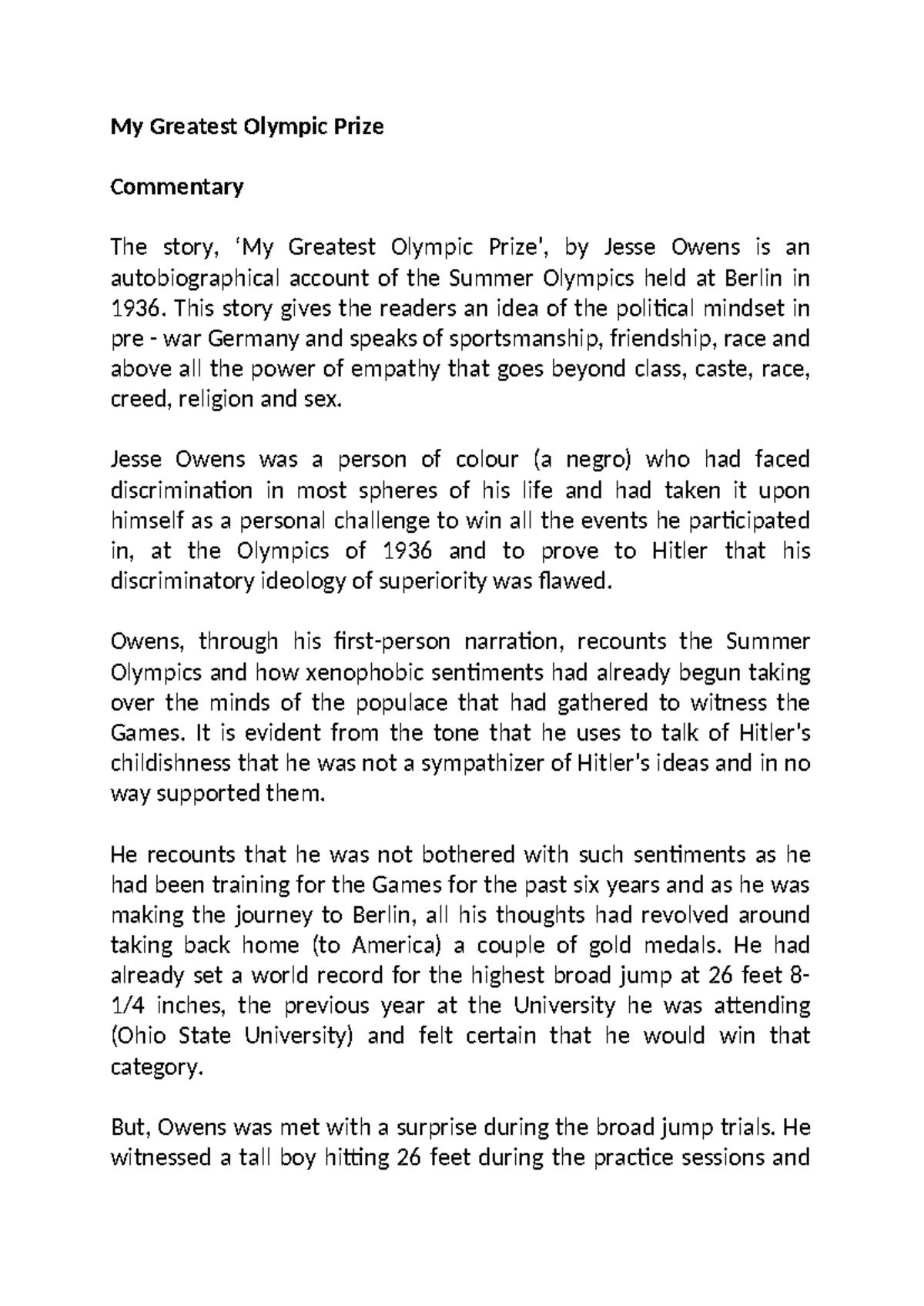 My Greatest Olympic Prize - My Greatest Olympic Prize Commentary The ...