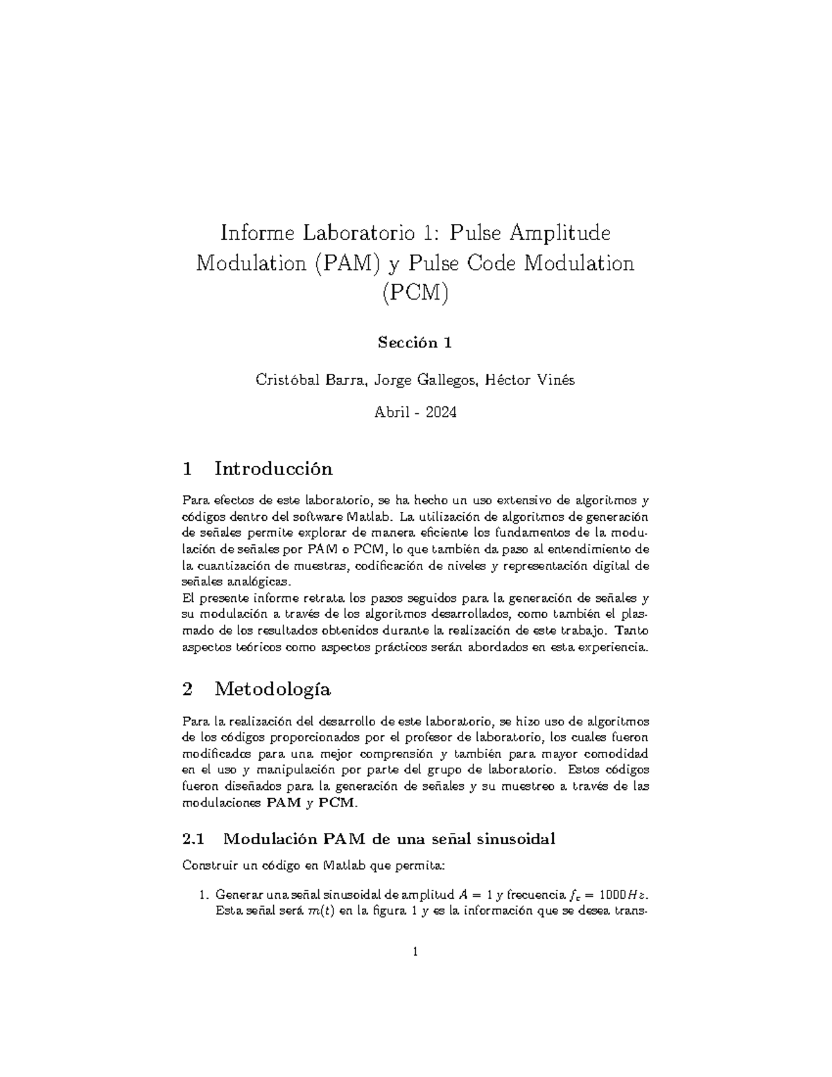 Informe Laboratorio 1 Pulse Amplitude Modulation PAM y Pulse Code ...