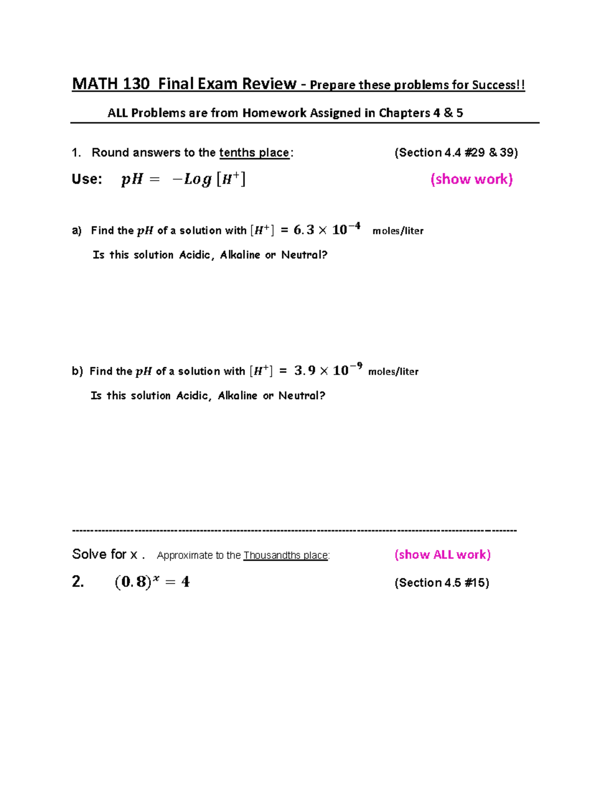 Math 130 Final Exam Review Problems-1 - MATH 130 Final Exam Review - Prepare these problems for ...