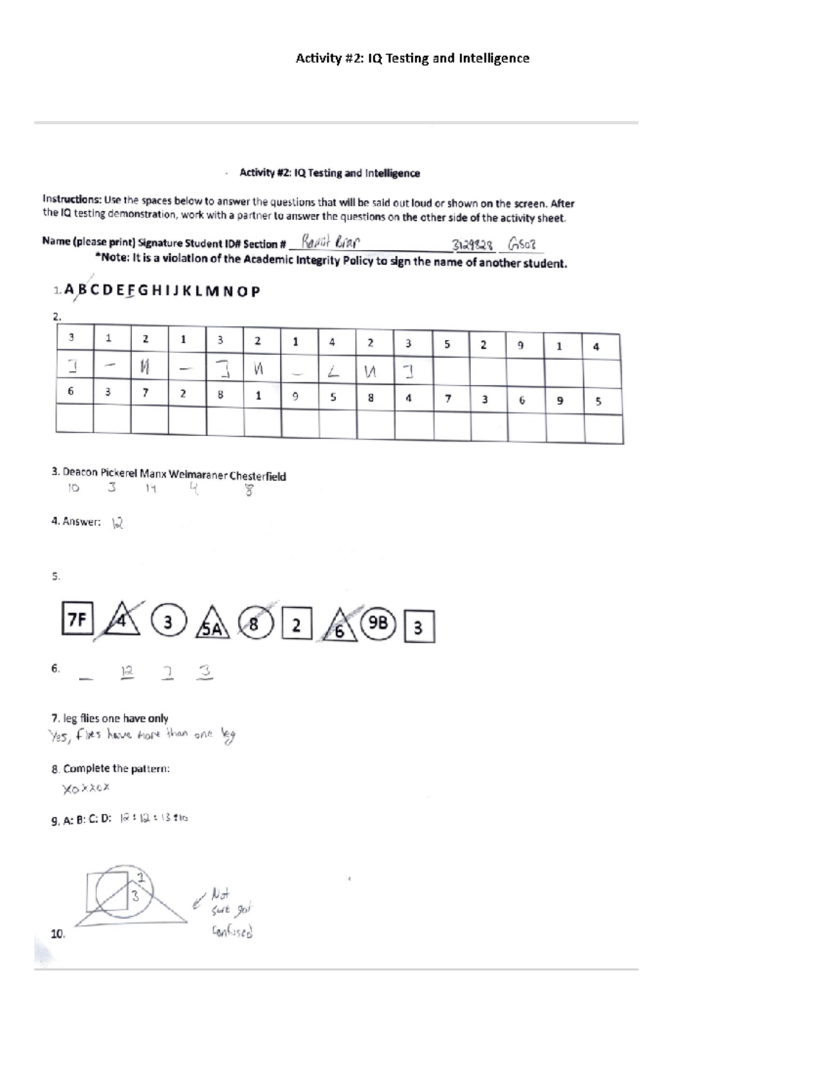 Ch 9 Activity Intelligence Worksheet ( Actual) - Activity #2: IQ ...