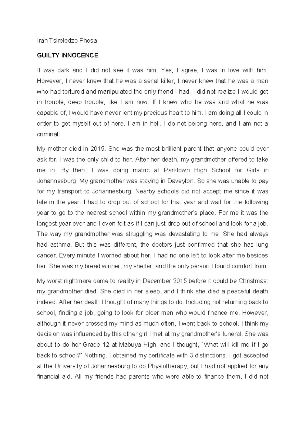 Guilty innocence L3 Story - Irah Tsireledzo Phosa GUILTY INNOCENCE It ...