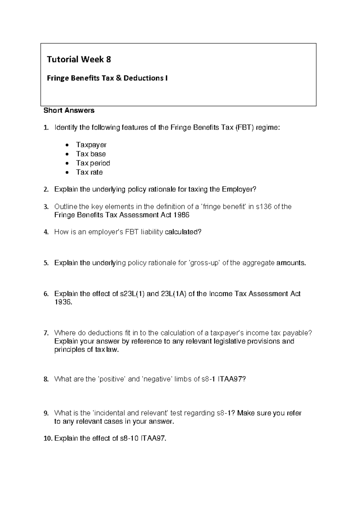 Wk 8 Tutorial QuestionsTaxation law week tutorial work for students ...
