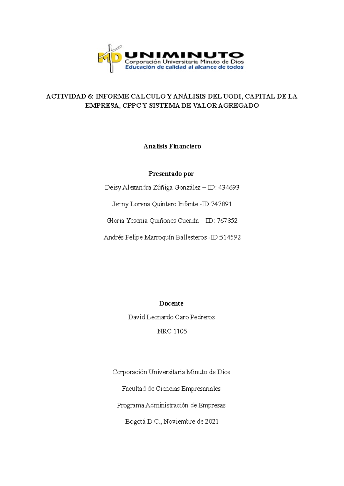 Actividad 6 Analisis Financiero - ACTIVIDAD 6: INFORME CALCULO Y ...