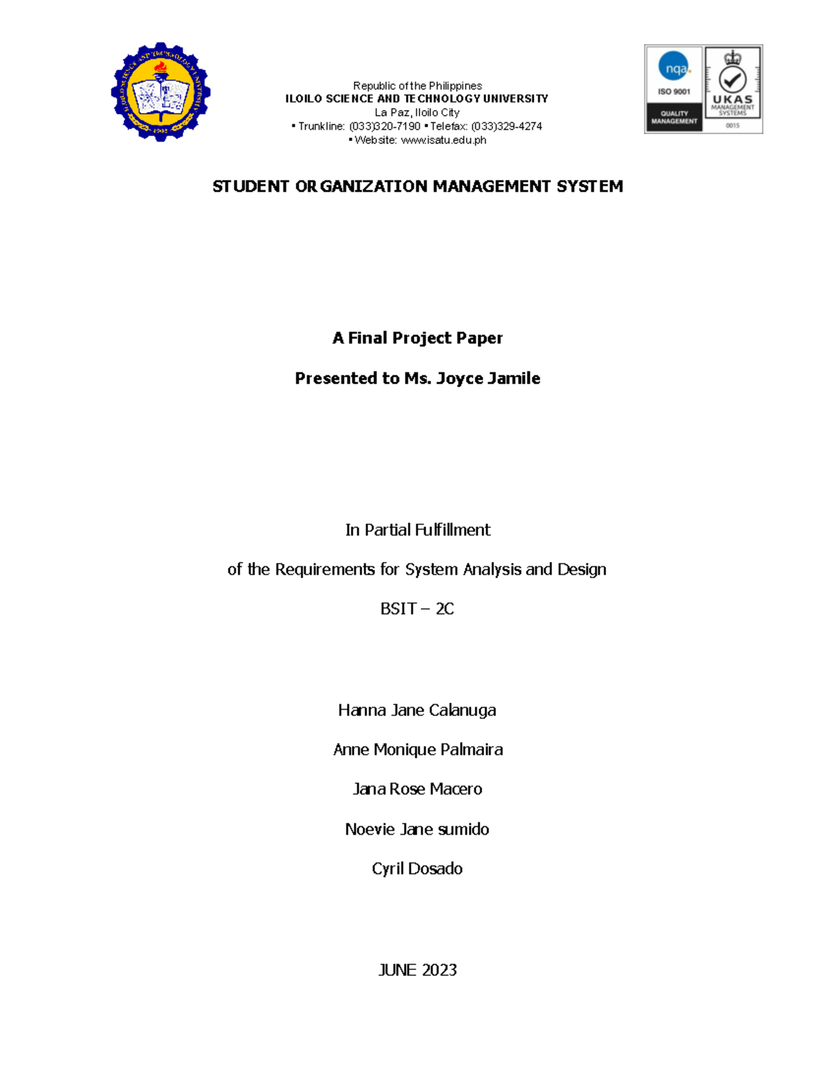 Group 1 ICT 138 Final Project - ILOILO SCIENCE AND TECHNOLOGY ...