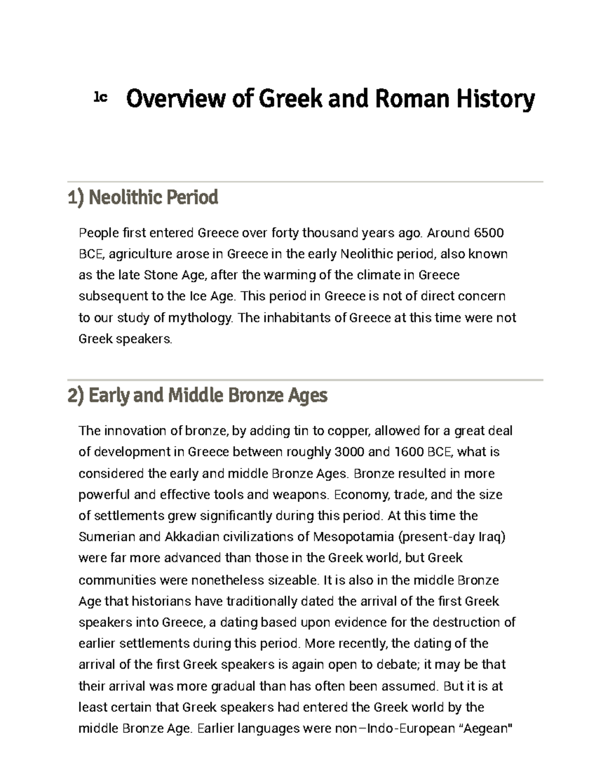 Overview of Greek and Roman History - 1) Neolithic Period People first ...