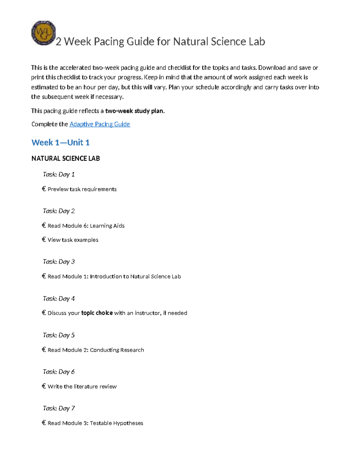 C683 - Joshes-Notes - 2 Week Pacing Guide for Natural Science Lab This ...