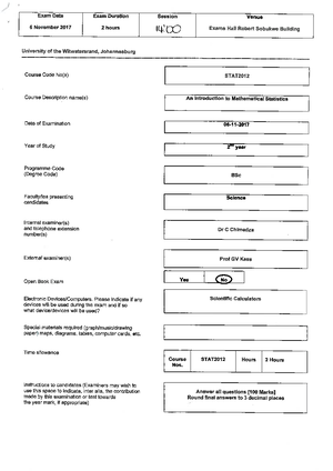 2019 PAST PAPER - STAT2012 - Wits University - Studocu