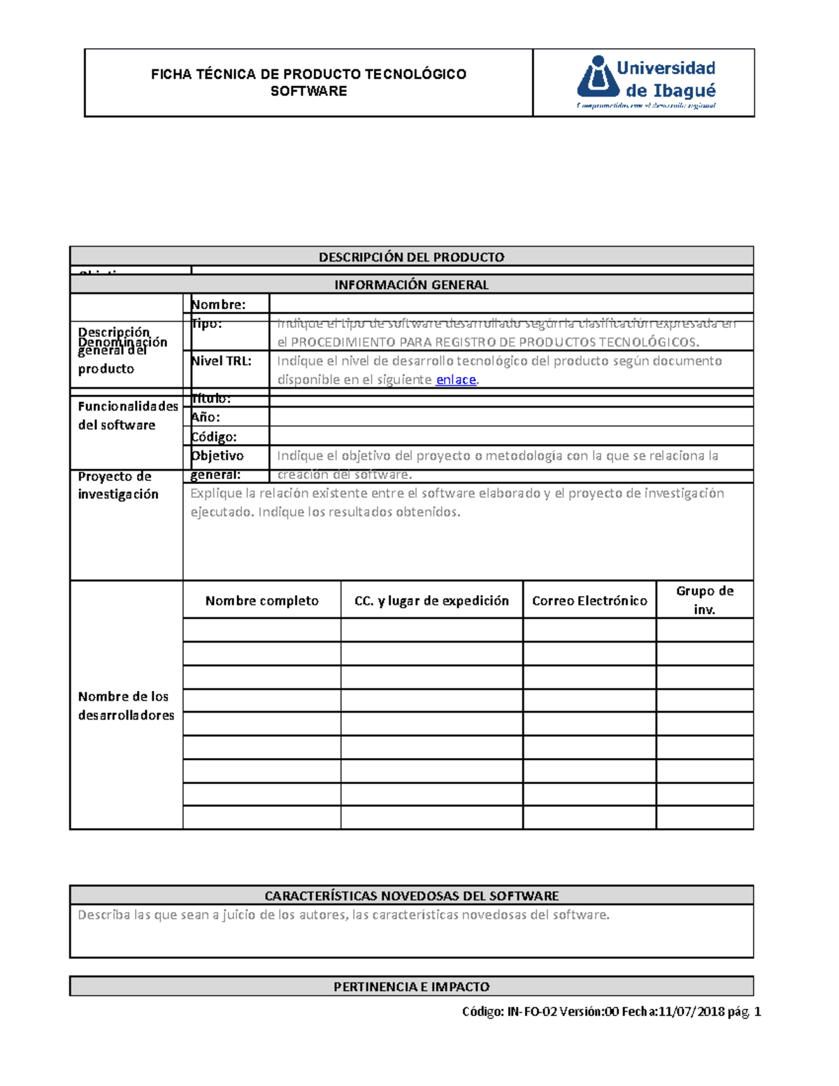 IN-FO-02 Ficha Técnica de producto tecnologico Software - FICHA TÉCNICA DE PRODUCTO TECNOLÓGICO ...