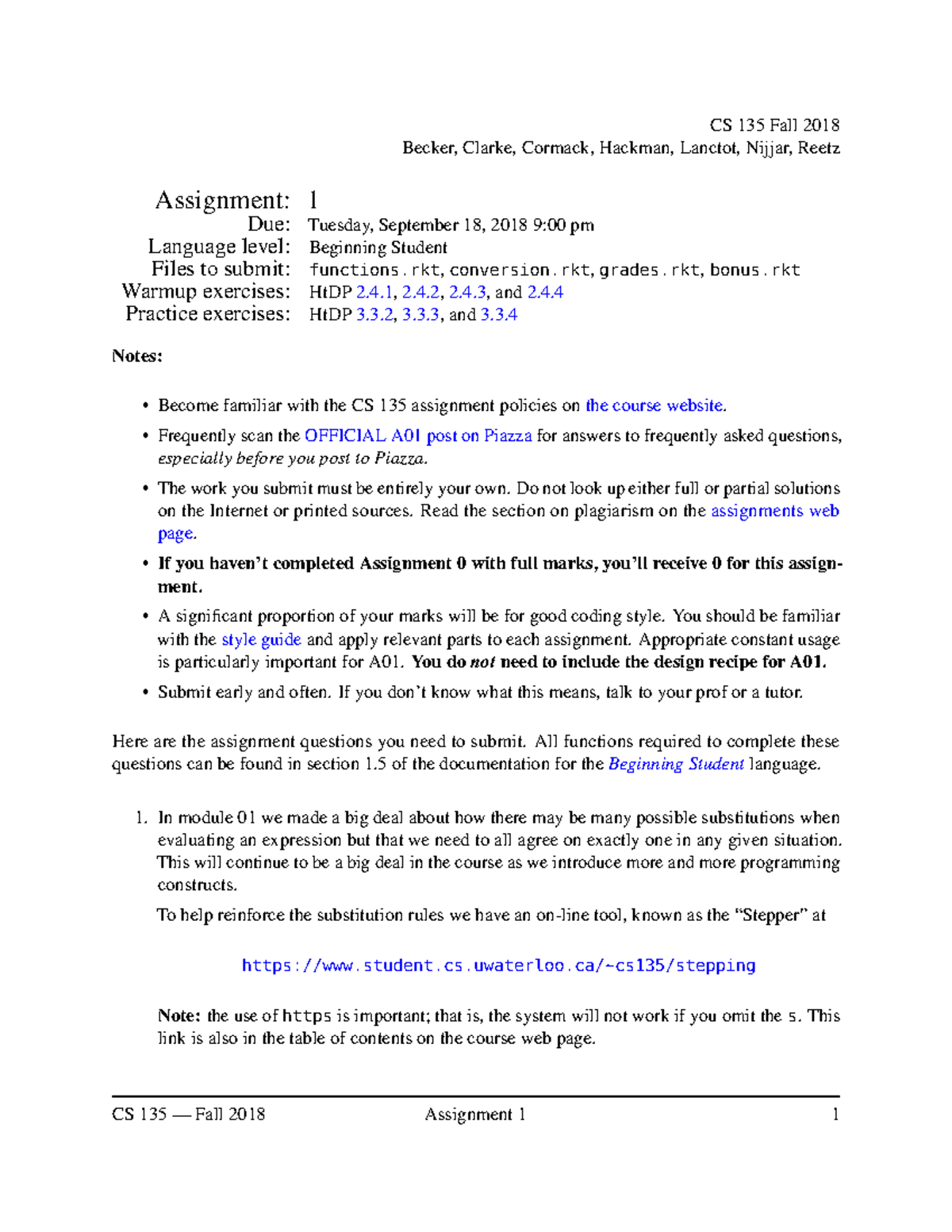 CS 135 Fall 2018 Assignment 1 - Studocu
