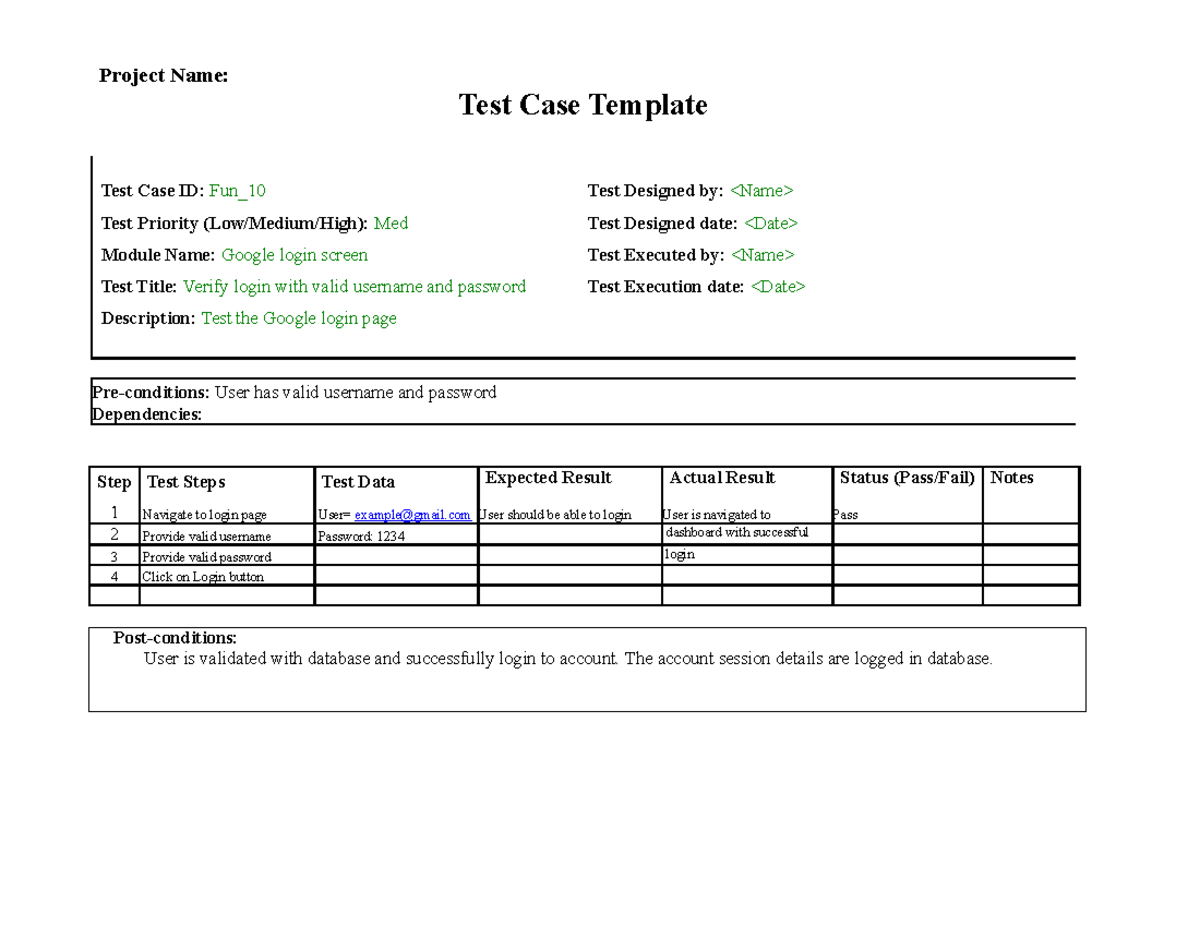 Test Case Template Doc Good Project Name Test Case Template Test