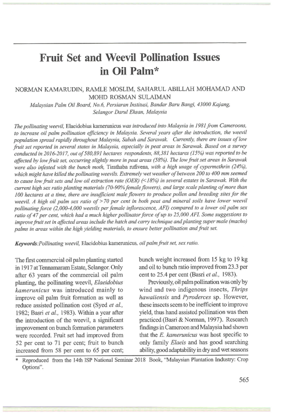 Fruit Set and Weevil Pollination Issues in Oil Palm - Random Paper ...
