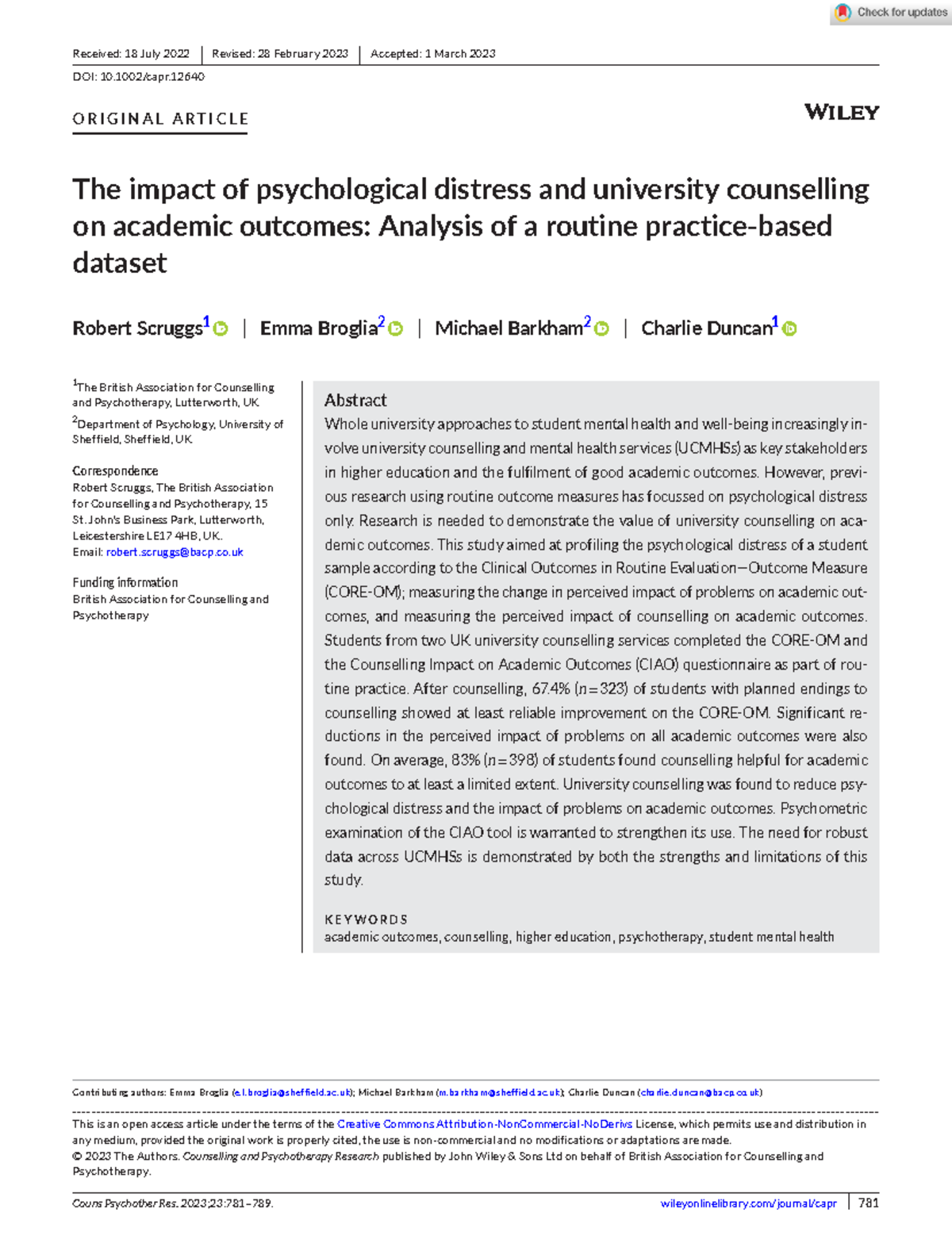 Couns and Psychother Res - 2023 - Scruggs - The impact of psychological ...