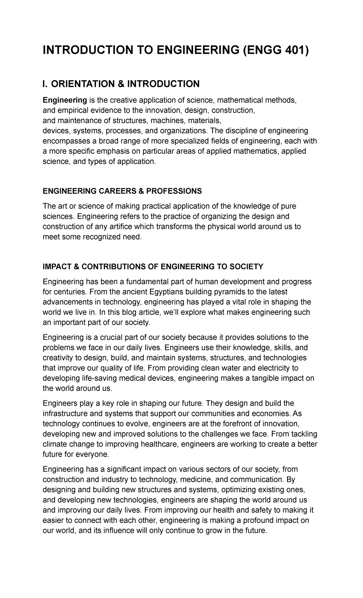 Introduction TO Engineering learning material - INTRODUCTION TO ...