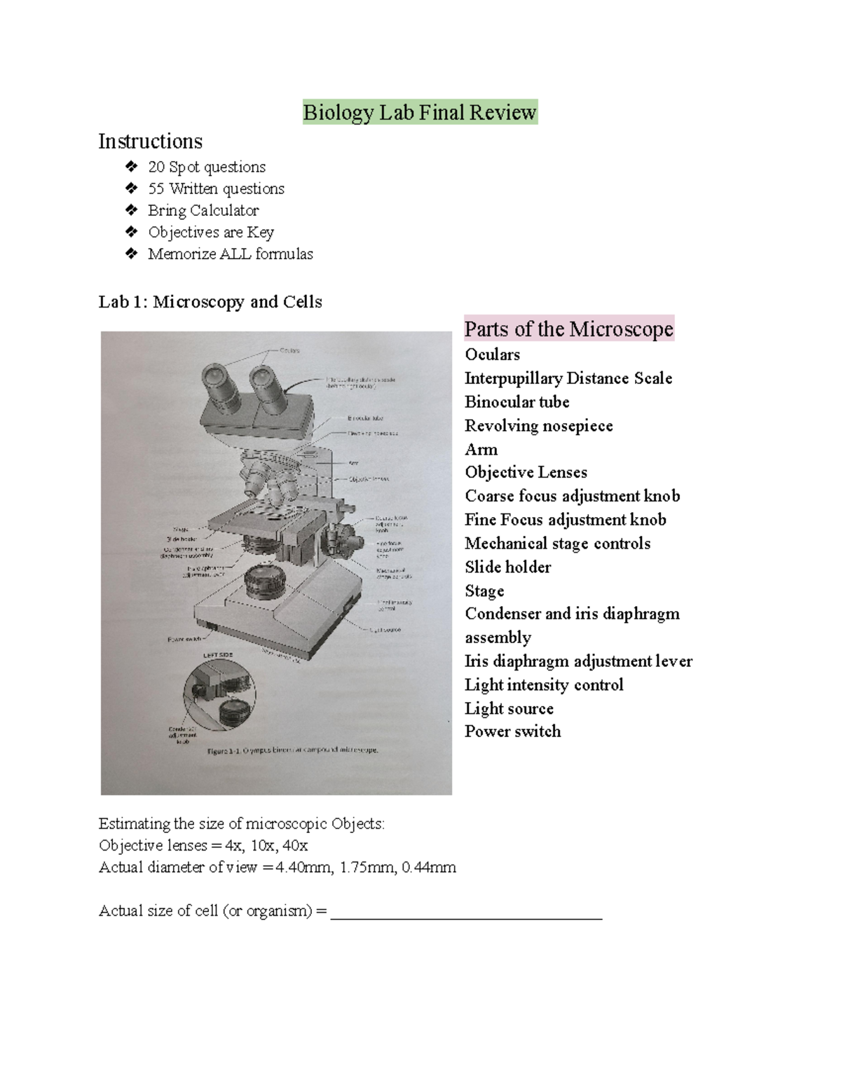 Biology Lab Final Review - Biology Lab Final Review Instructions 20 ...