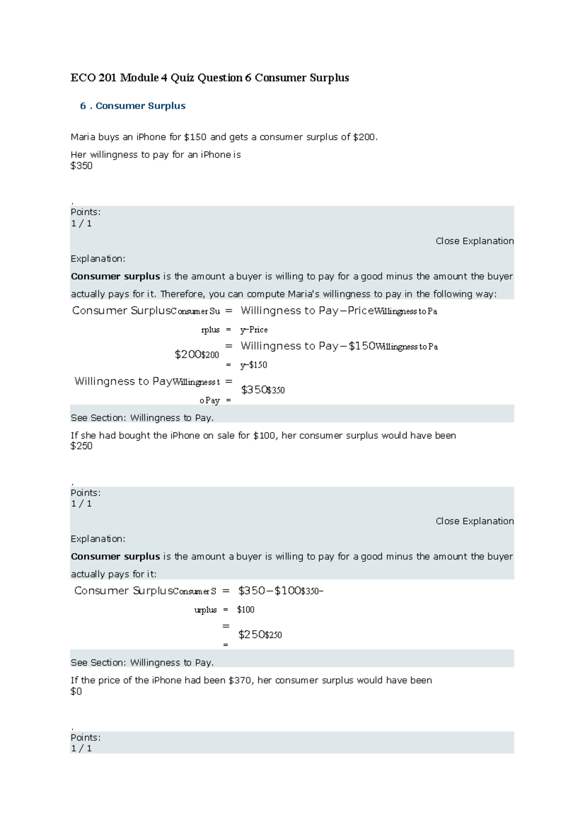 ECO 201 Module 4 Quiz Question 6 Consumer Surplus - ECO 201 Module 4 ...