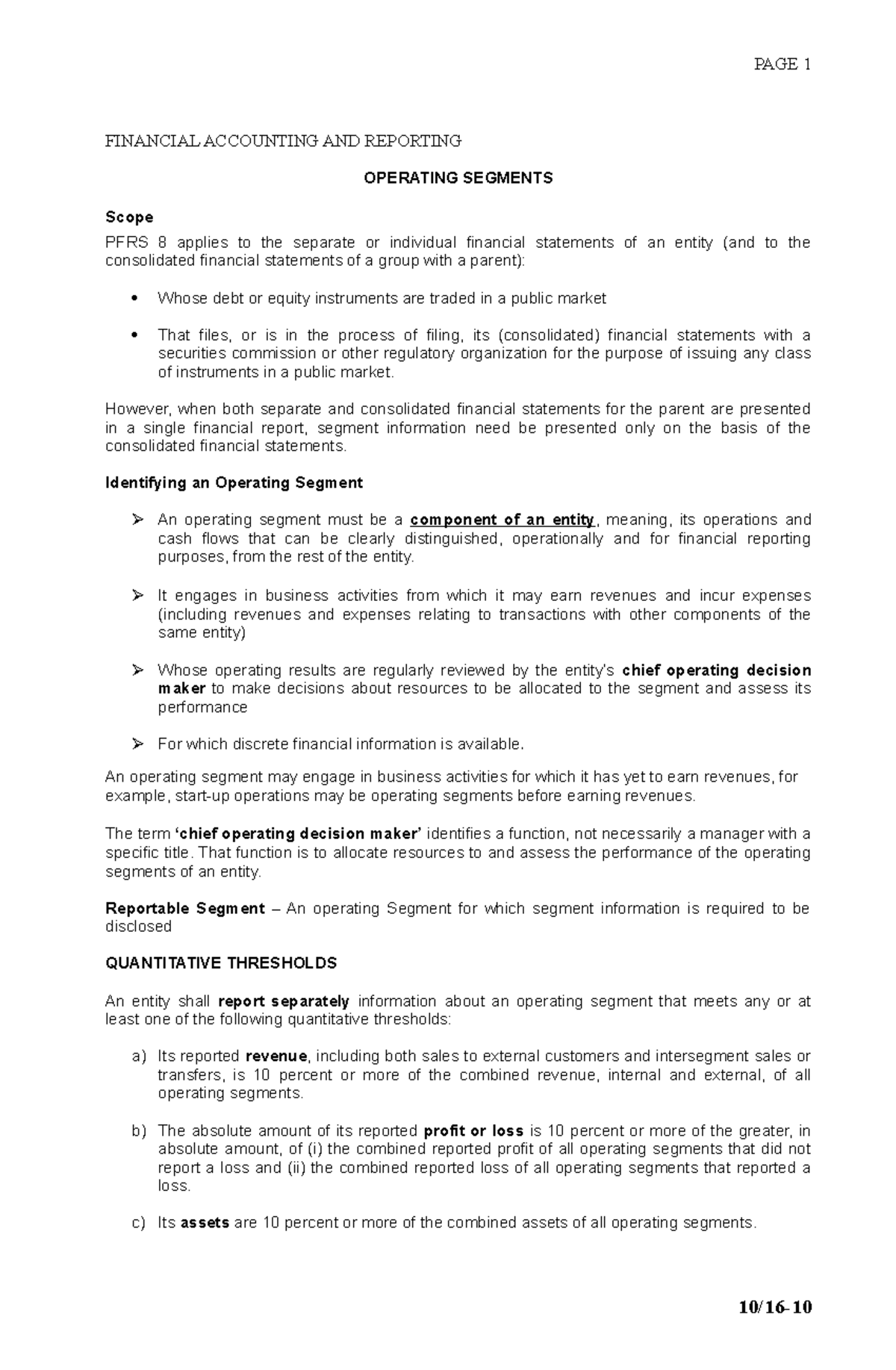Operating Segment - PAGE 1 FINANCIAL ACCOUNTING AND REPORTING OPERATING ...