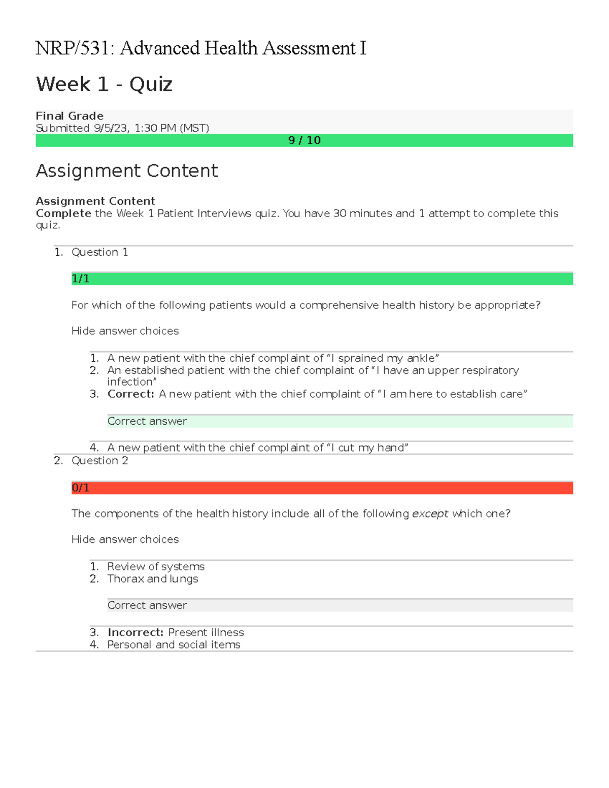 NRP 531 Week 1 Quiz - Week 1 Quiz - NRP/531: Advanced Health Assessment ...