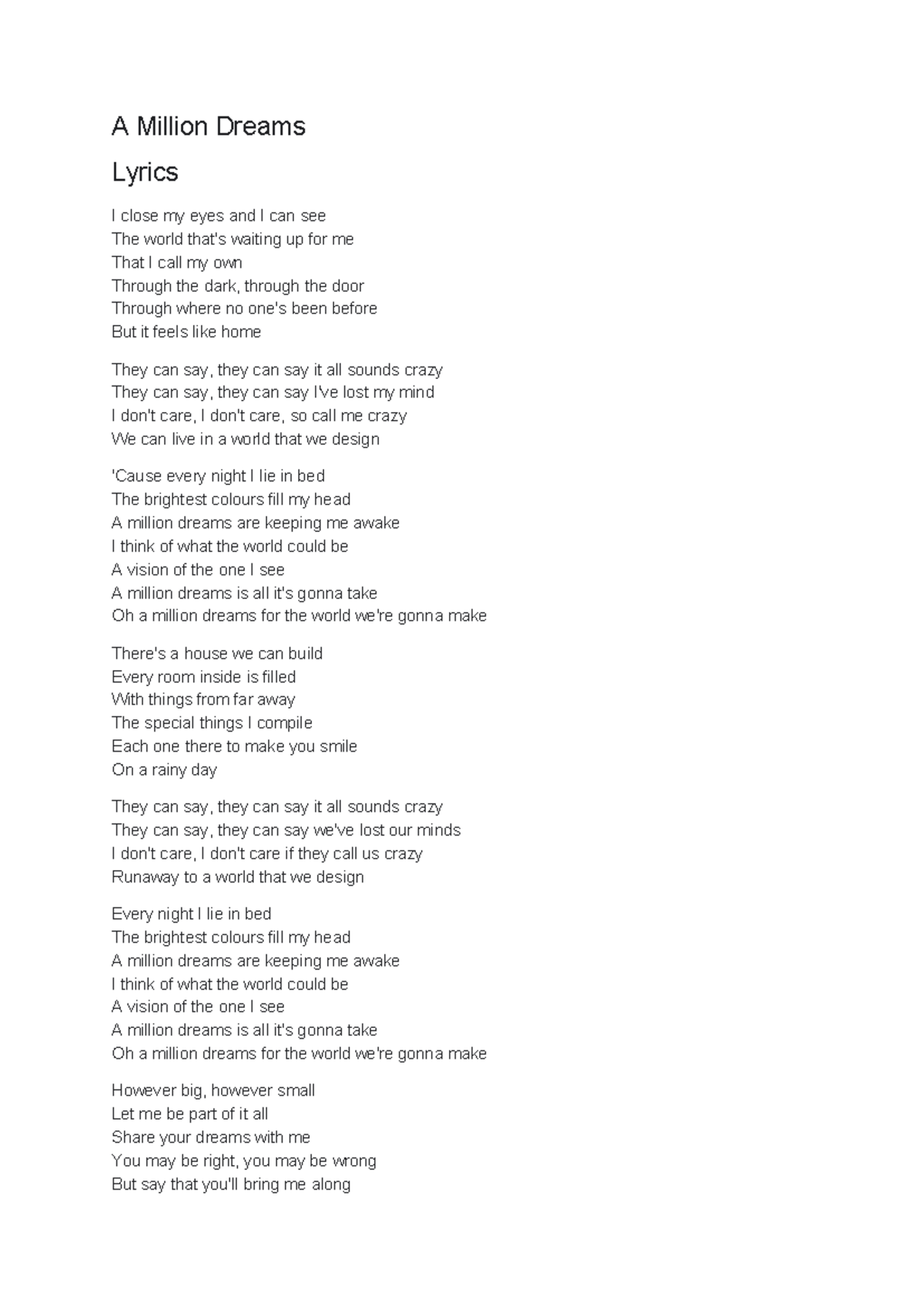 A Million Dreams - A Million Dreams Lyrics I close my eyes and I can ...