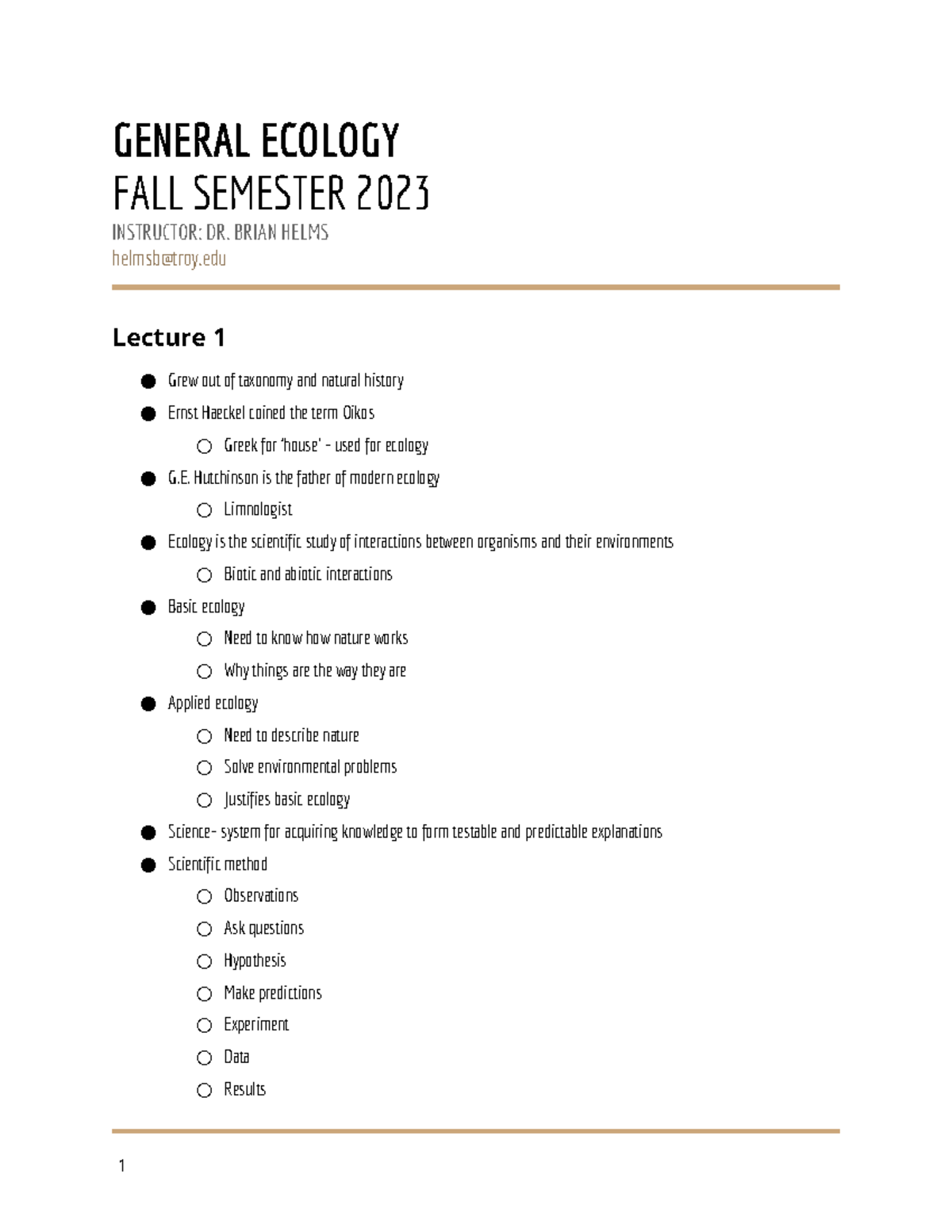 Lecture 1 - GENERAL ECOLOGY FALL SEMESTER 2023 INSTRUCTOR: DR. BRIAN ...